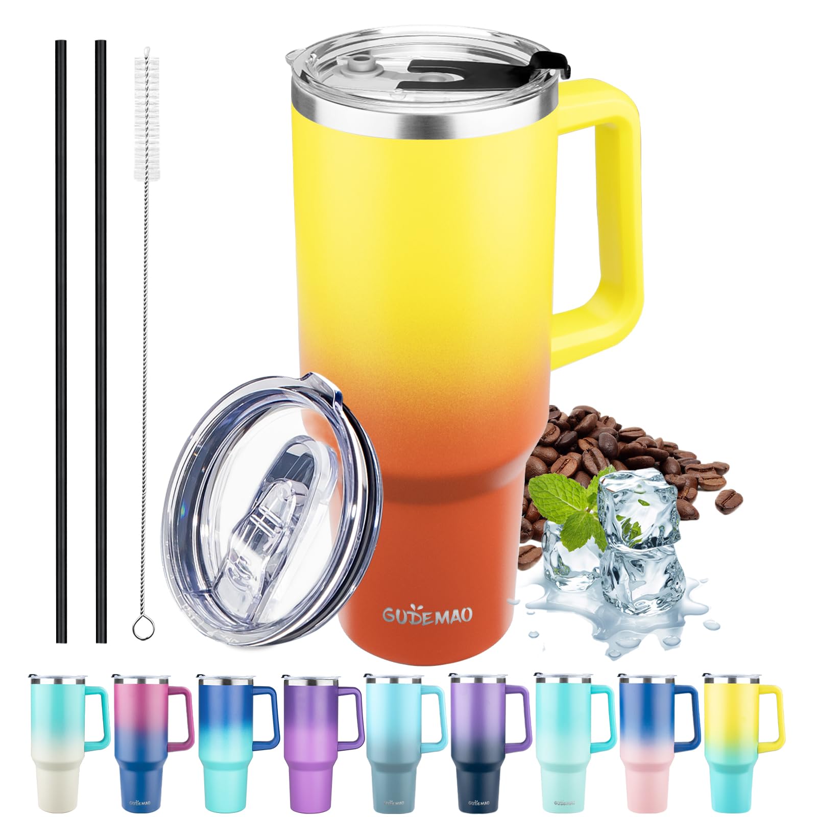 GUDEMAO 40 oz Tumbler with Handle, Insulated Tumbler with Lid and Straw, Reusable Stainless Steel Vacuum Insulated Cup, 100% Leak Proof Thermal Travel Coffee Mug Cup for Cold and Hot (Gold Orange)