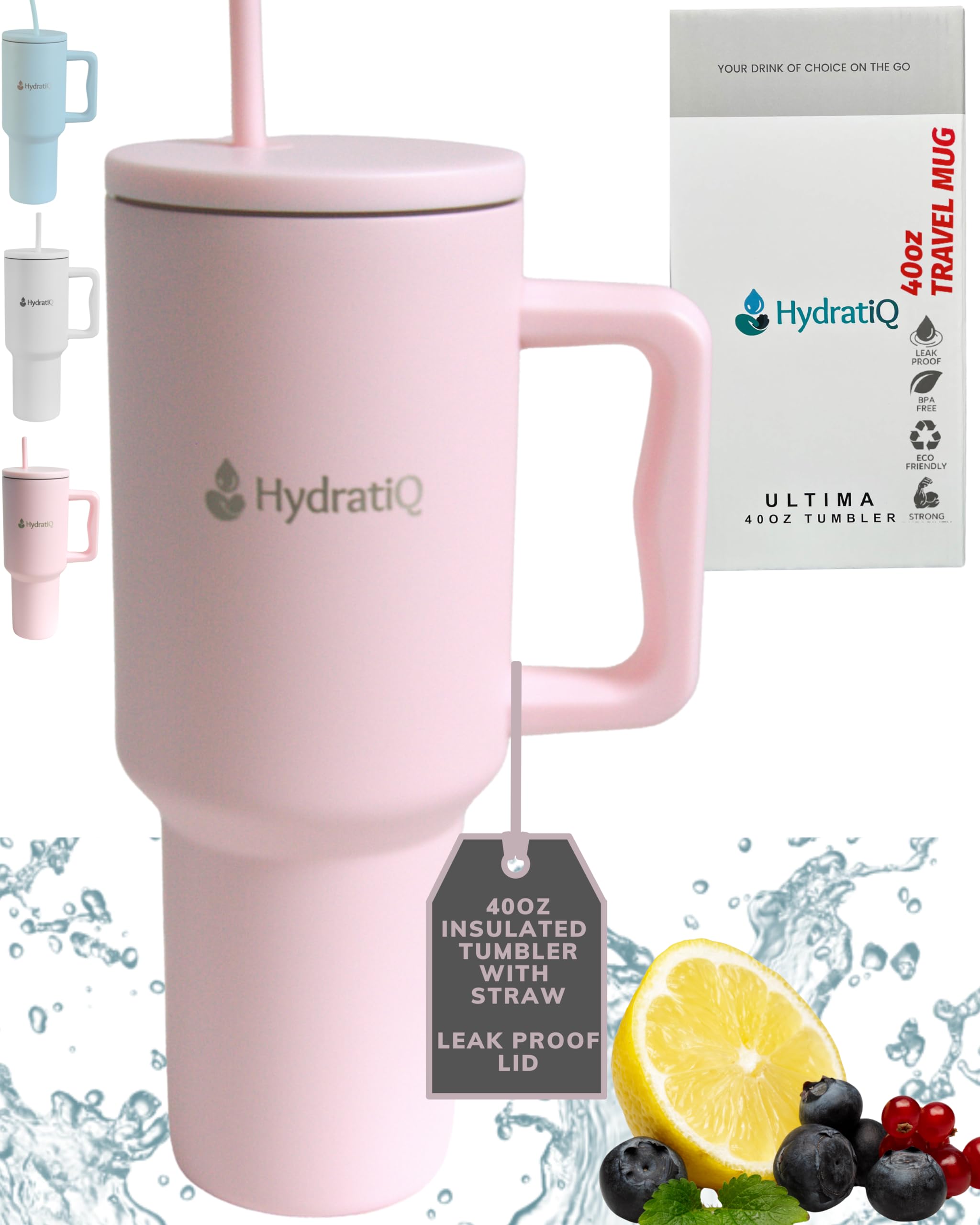 HydratiQ 40 oz Tumbler with Handle and Straw Spill Proof Insulated Water Bottle Leak Proof Stainless Steel Cup Holder Travel Mug Hot Cold Vaso Termico