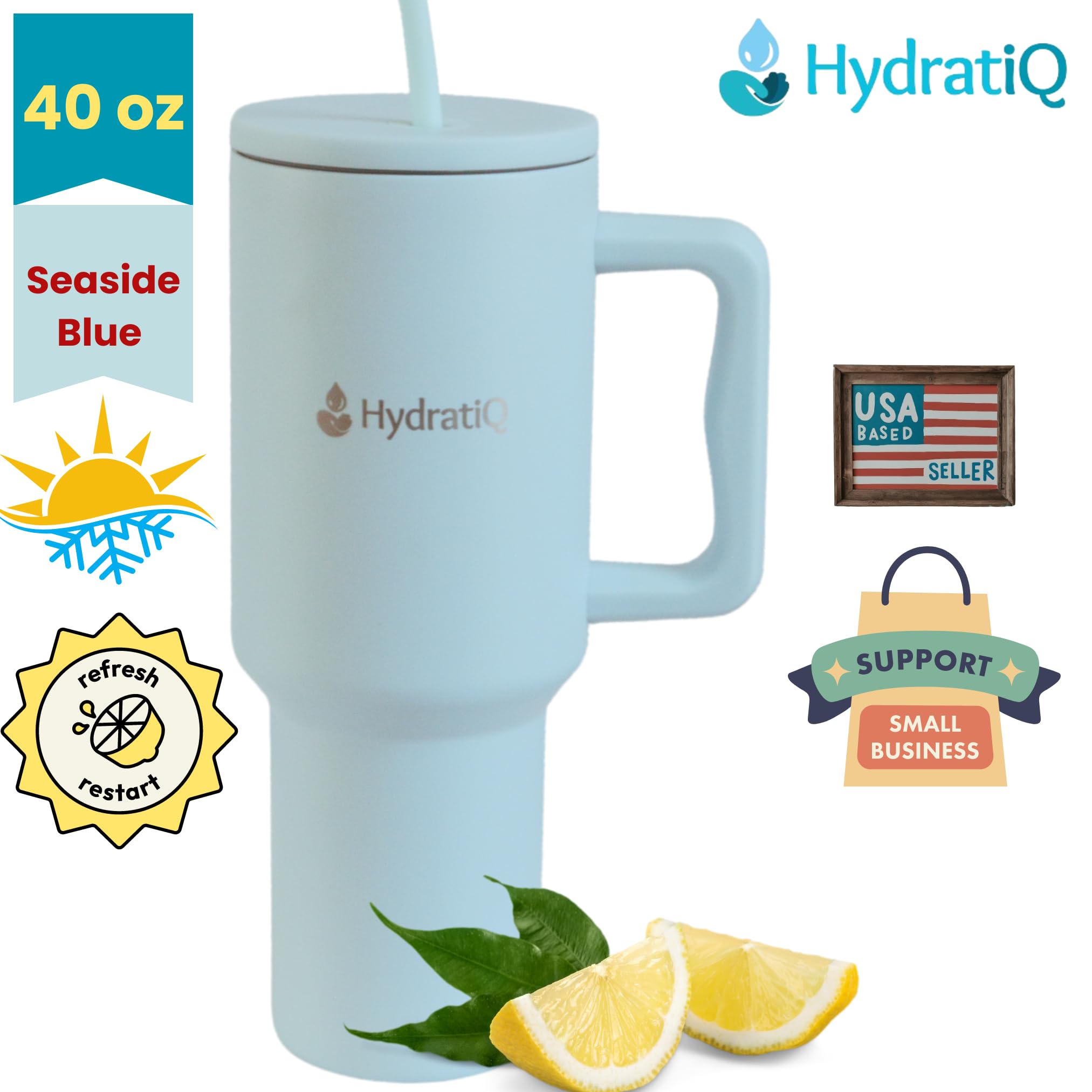 HydratiQ 40 oz Tumbler with Handle and Straw Spill Proof Insulated Water Bottle Leak Proof Stainless Steel Cup Holder Travel Mug Hot Cold Vaso Termico