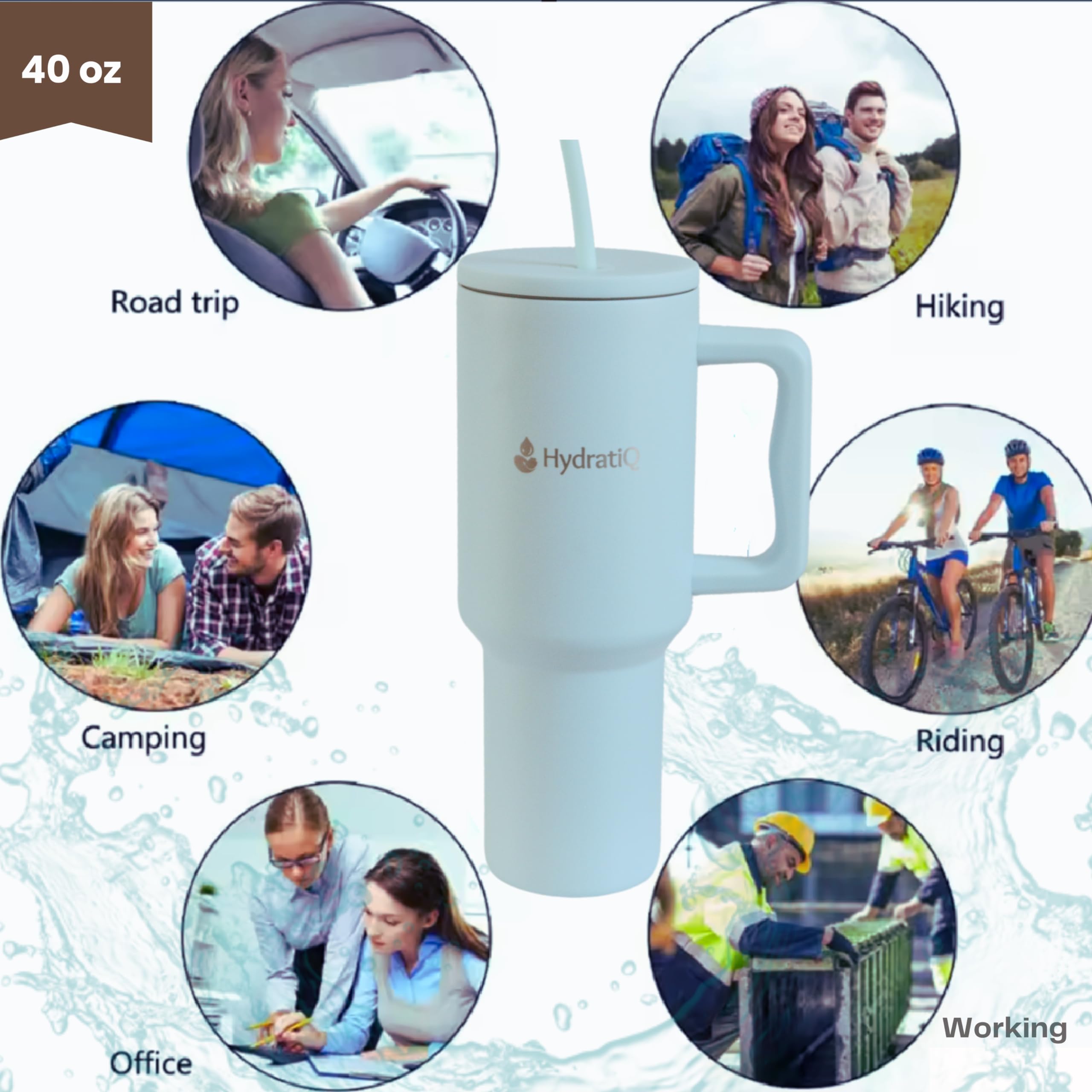 HydratiQ 40 oz Tumbler with Handle and Straw Spill Proof Insulated Water Bottle Leak Proof Stainless Steel Cup Holder Travel Mug Hot Cold Vaso Termico
