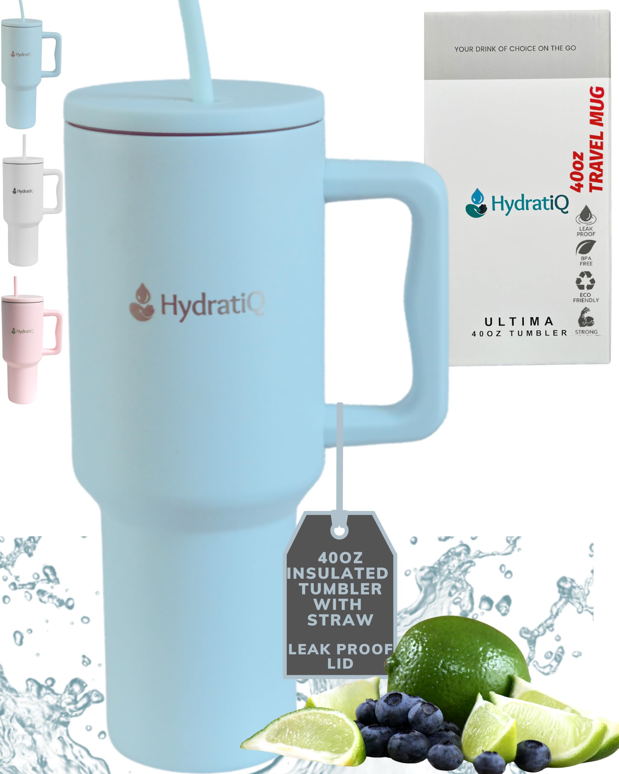 HydratiQ 40 oz Tumbler with Handle and Straw Spill Proof Insulated Water Bottle Leak Proof Stainless Steel Cup Holder Travel Mug Hot Cold Vaso Termico