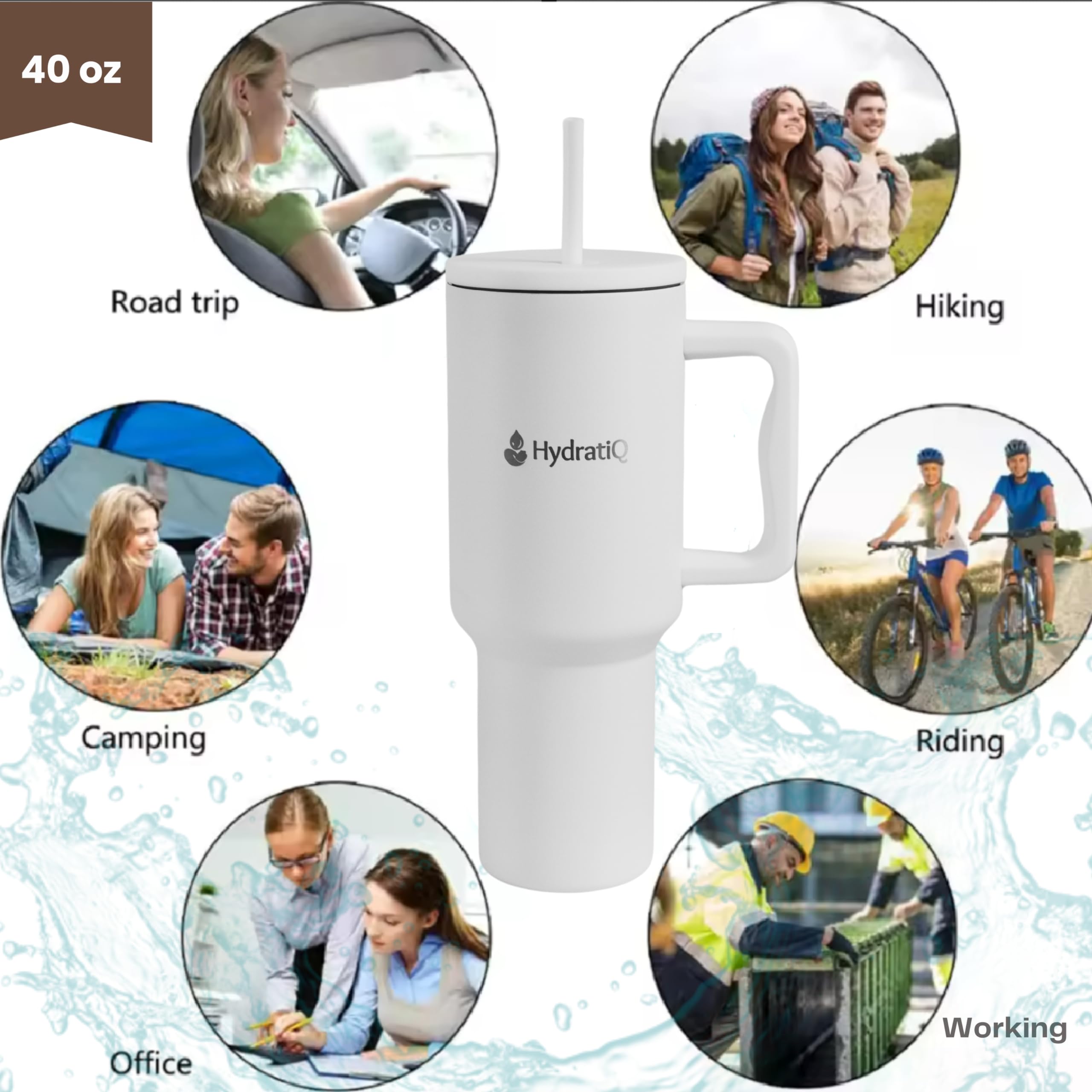 HydratiQ 40 oz Tumbler with Handle and Straw Spill Proof Insulated Water Bottle Leak Proof Stainless Steel Cup Holder Travel Mug Hot Cold Vaso Termico