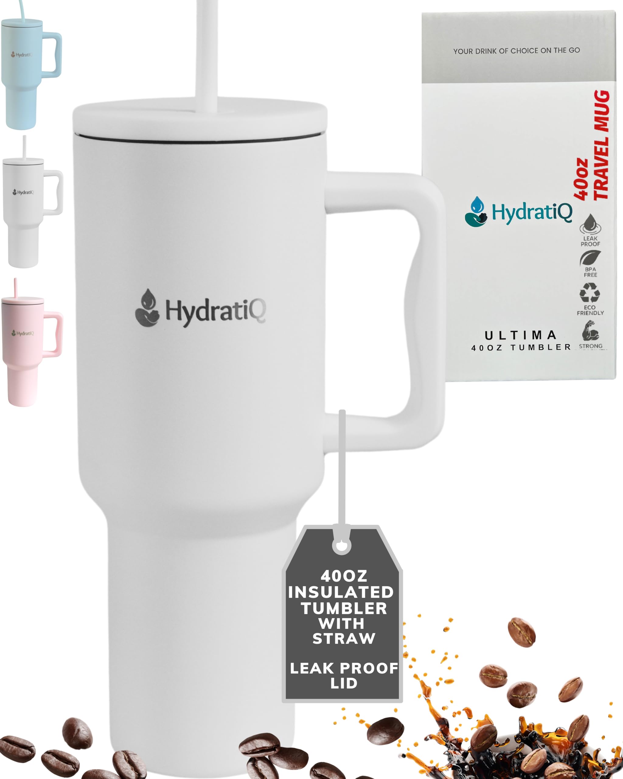 HydratiQ 40 oz Tumbler with Handle and Straw Spill Proof Insulated Water Bottle Leak Proof Stainless Steel Cup Holder Travel Mug Hot Cold Vaso Termico