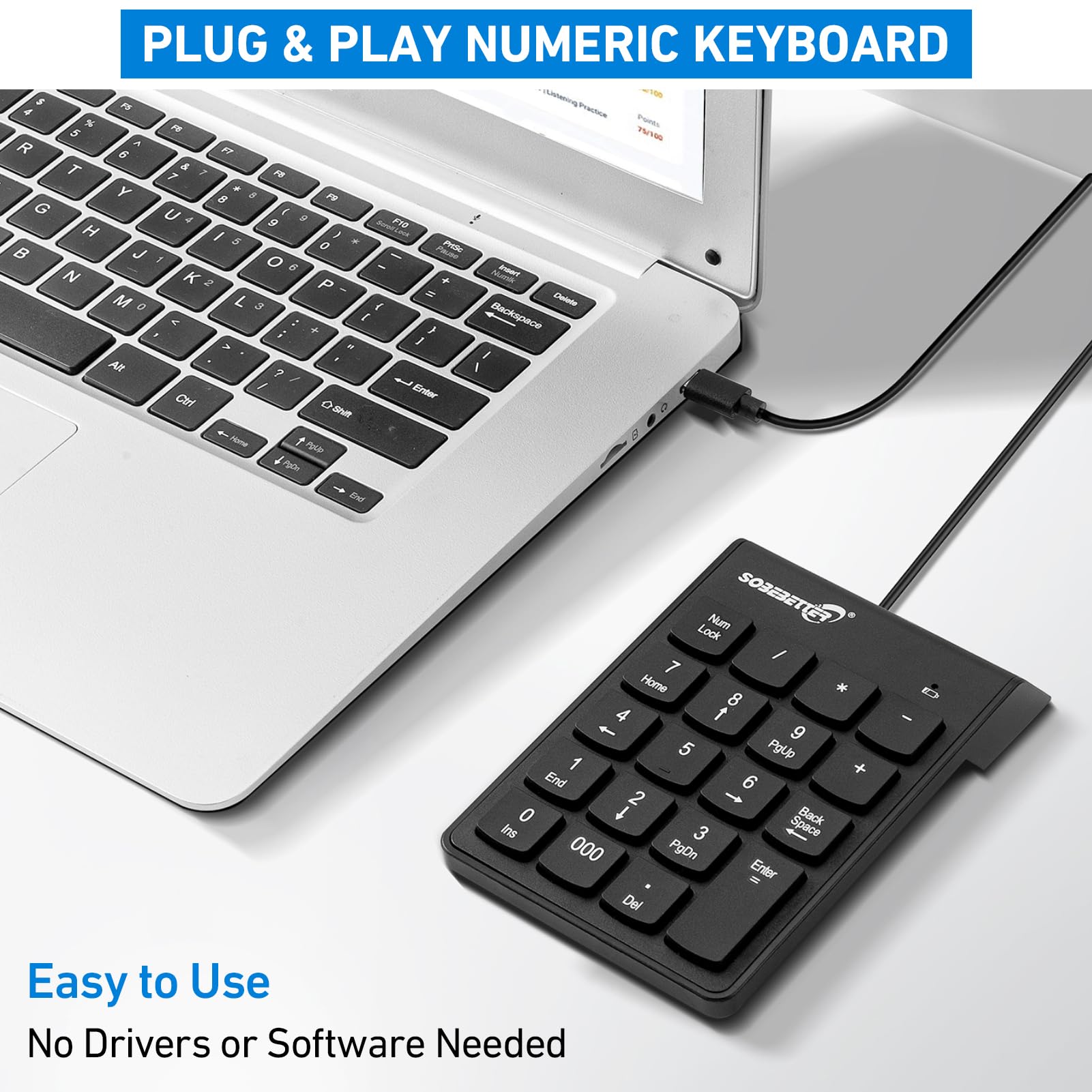 Huifen Type C Number Pad, USB Numeric Keypad 19 Keys Plug & Play Financial Accounting Numpad Office Home Portable Mini Keypad Slim Number Keyboard for Laptop Phone PC Tablet Notebook (Black)
