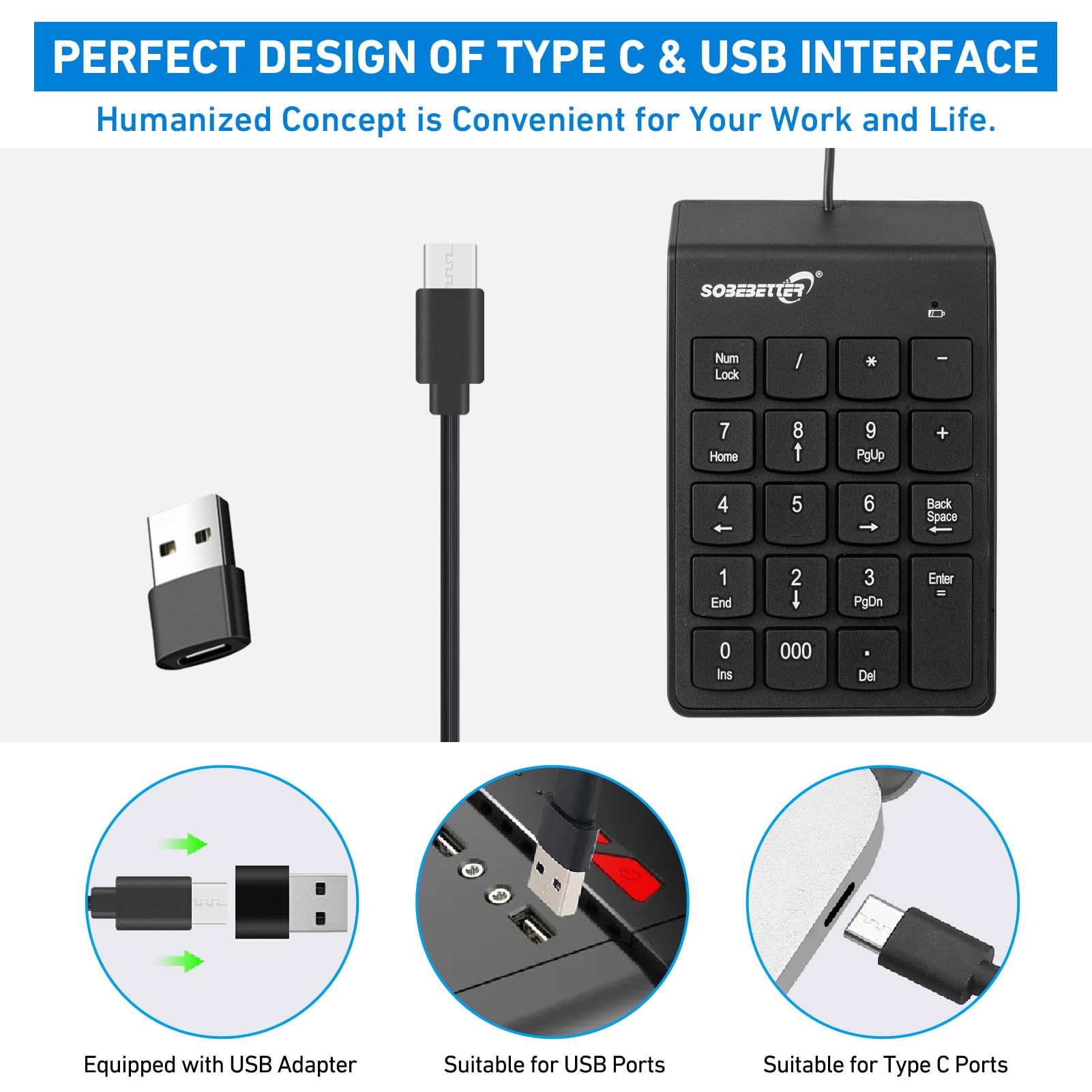 Huifen Type C Number Pad, USB Numeric Keypad 19 Keys Plug & Play Financial Accounting Numpad Office Home Portable Mini Keypad Slim Number Keyboard for Laptop Phone PC Tablet Notebook (Black)