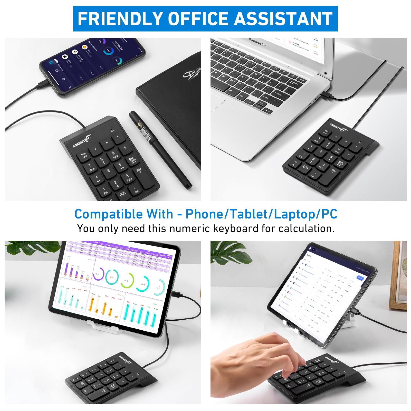 Huifen Type C Number Pad, USB Numeric Keypad 19 Keys Plug & Play Financial Accounting Numpad Office Home Portable Mini Keypad Slim Number Keyboard for Laptop Phone PC Tablet Notebook (Black)