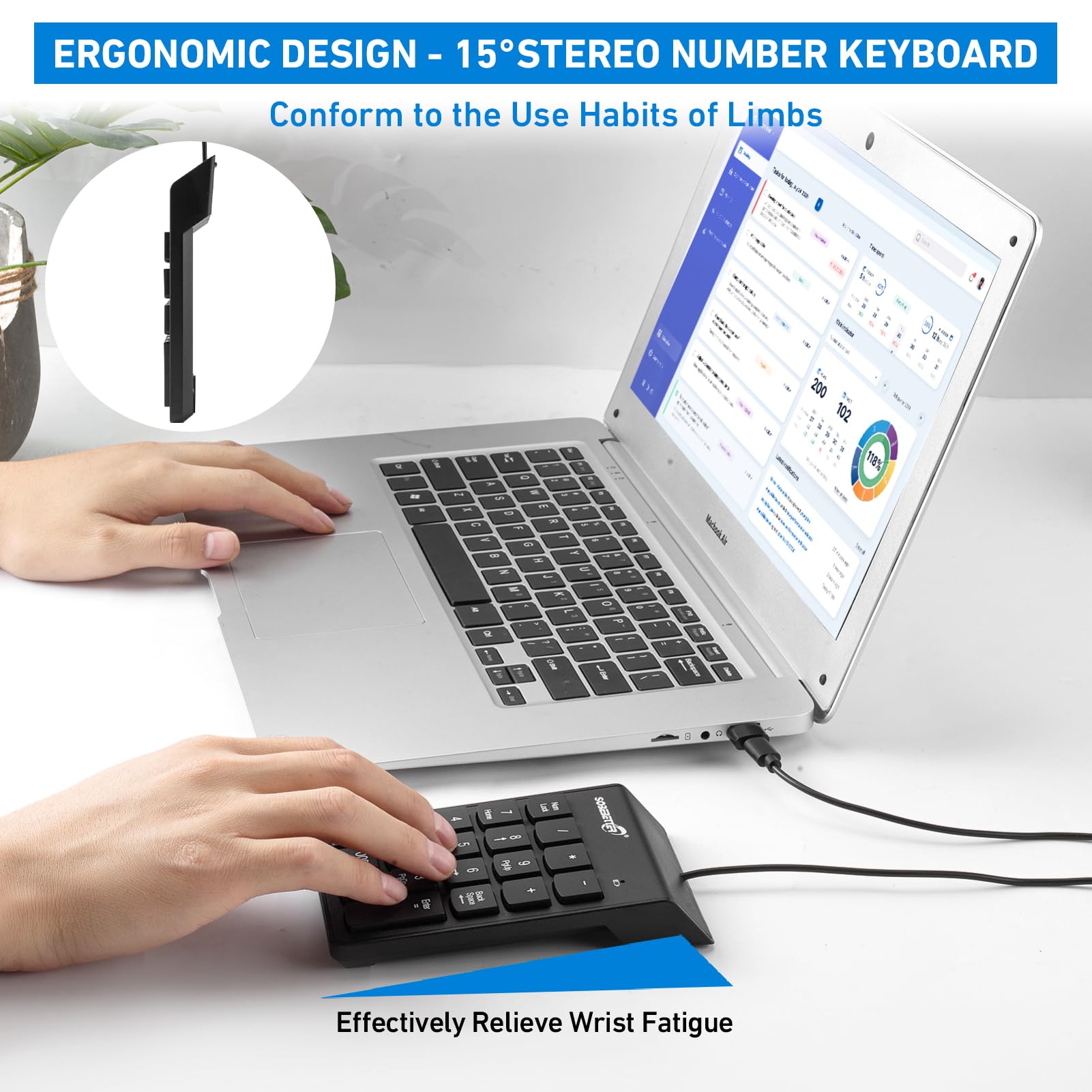 Huifen Type C Number Pad, USB Numeric Keypad 19 Keys Plug & Play Financial Accounting Numpad Office Home Portable Mini Keypad Slim Number Keyboard for Laptop Phone PC Tablet Notebook (Black)