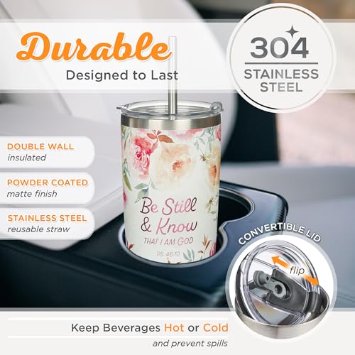 Christian Art Gifts Reusable Stainless Steel Scripture Travel Mug Tumbler w/Straw for Women: Be Still & Know, Double Wall Vacuum Insulated, Pop-up Lid, Hot/Cold, White & Peach Multicolor Floral, 18 oz