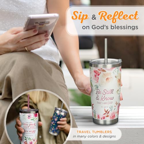 Christian Art Gifts Reusable Stainless Steel Scripture Travel Mug Tumbler w/Straw for Women: Be Still & Know, Double Wall Vacuum Insulated, Pop-up Lid, Hot/Cold, White & Peach Multicolor Floral, 18 oz