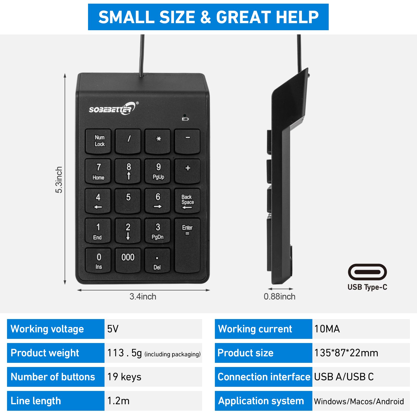 Huifen Type C Number Pad, USB Numeric Keypad 19 Keys Plug & Play Financial Accounting Numpad Office Home Portable Mini Keypad Slim Number Keyboard for Laptop Phone PC Tablet Notebook (Black)