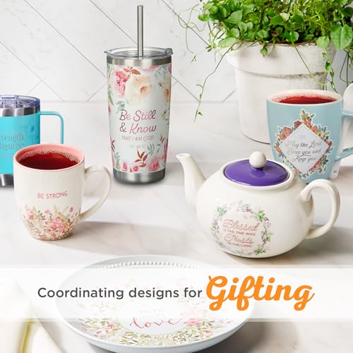 Christian Art Gifts Reusable Stainless Steel Scripture Travel Mug Tumbler w/Straw for Women: Be Still & Know, Double Wall Vacuum Insulated, Pop-up Lid, Hot/Cold, White & Peach Multicolor Floral, 18 oz