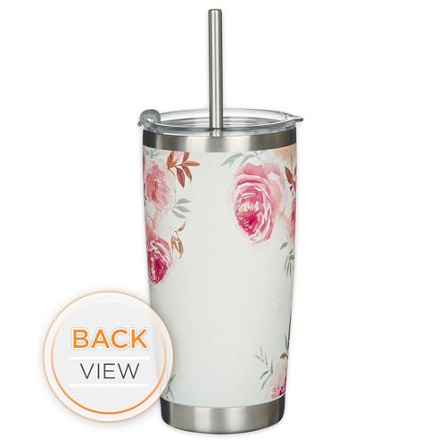 Christian Art Gifts Reusable Stainless Steel Scripture Travel Mug Tumbler w/Straw for Women: Be Still & Know, Double Wall Vacuum Insulated, Pop-up Lid, Hot/Cold, White & Peach Multicolor Floral, 18 oz