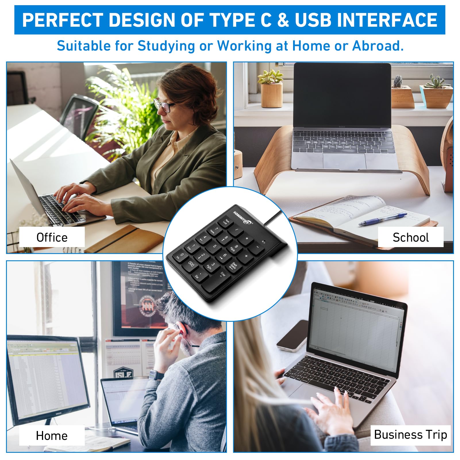 Huifen Type C Number Pad, USB Numeric Keypad 19 Keys Plug & Play Financial Accounting Numpad Office Home Portable Mini Keypad Slim Number Keyboard for Laptop Phone PC Tablet Notebook (Black)