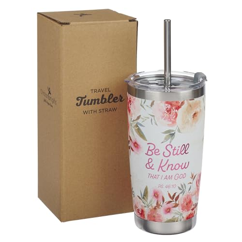 Christian Art Gifts Reusable Stainless Steel Scripture Travel Mug Tumbler w/Straw for Women: Be Still & Know, Double Wall Vacuum Insulated, Pop-up Lid, Hot/Cold, White & Peach Multicolor Floral, 18 oz