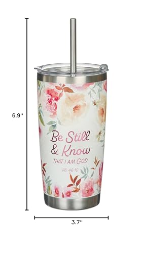 Christian Art Gifts Reusable Stainless Steel Scripture Travel Mug Tumbler w/Straw for Women: Be Still & Know, Double Wall Vacuum Insulated, Pop-up Lid, Hot/Cold, White & Peach Multicolor Floral, 18 oz