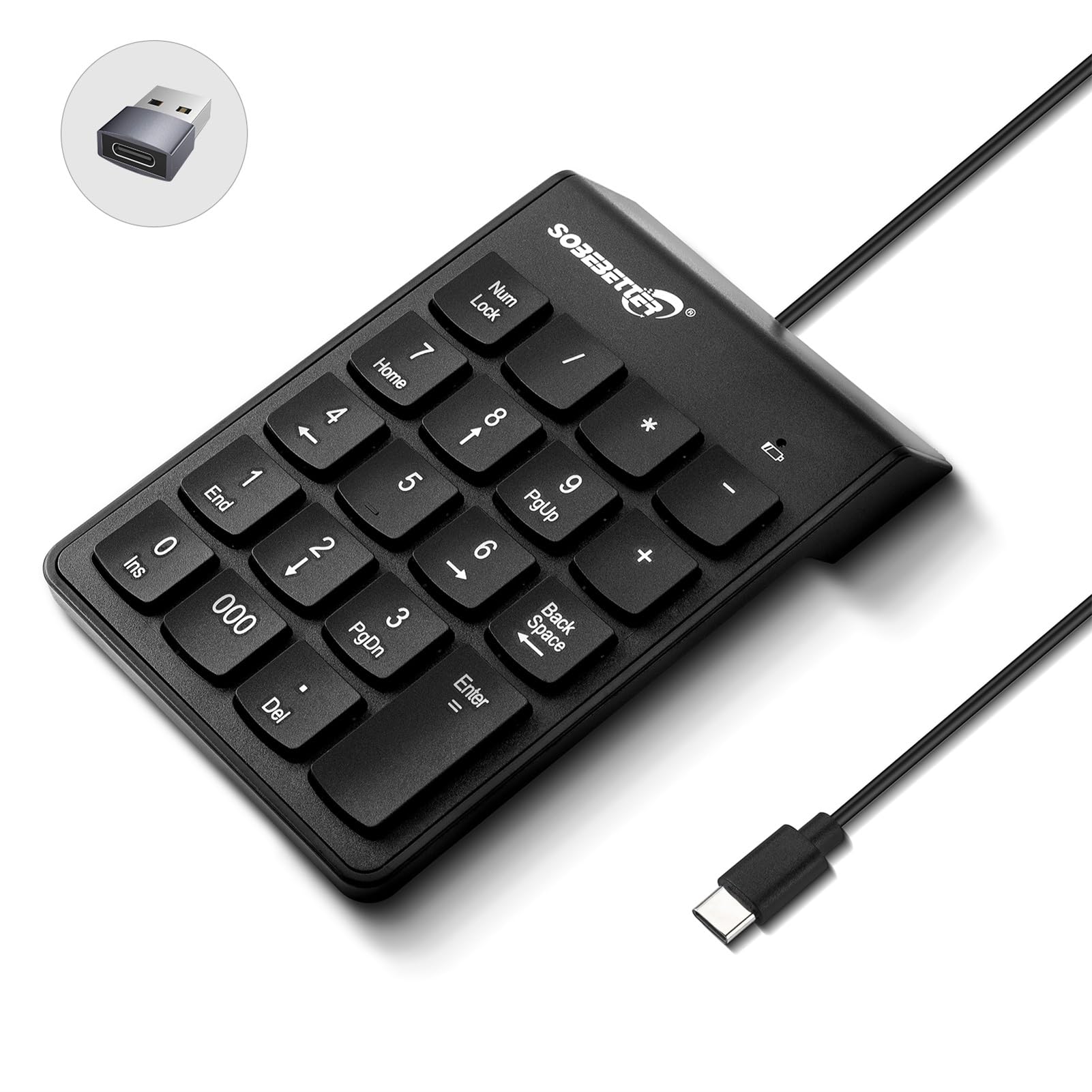 Huifen Type C Number Pad, USB Numeric Keypad 19 Keys Plug & Play Financial Accounting Numpad Office Home Portable Mini Keypad Slim Number Keyboard for Laptop Phone PC Tablet Notebook (Black)