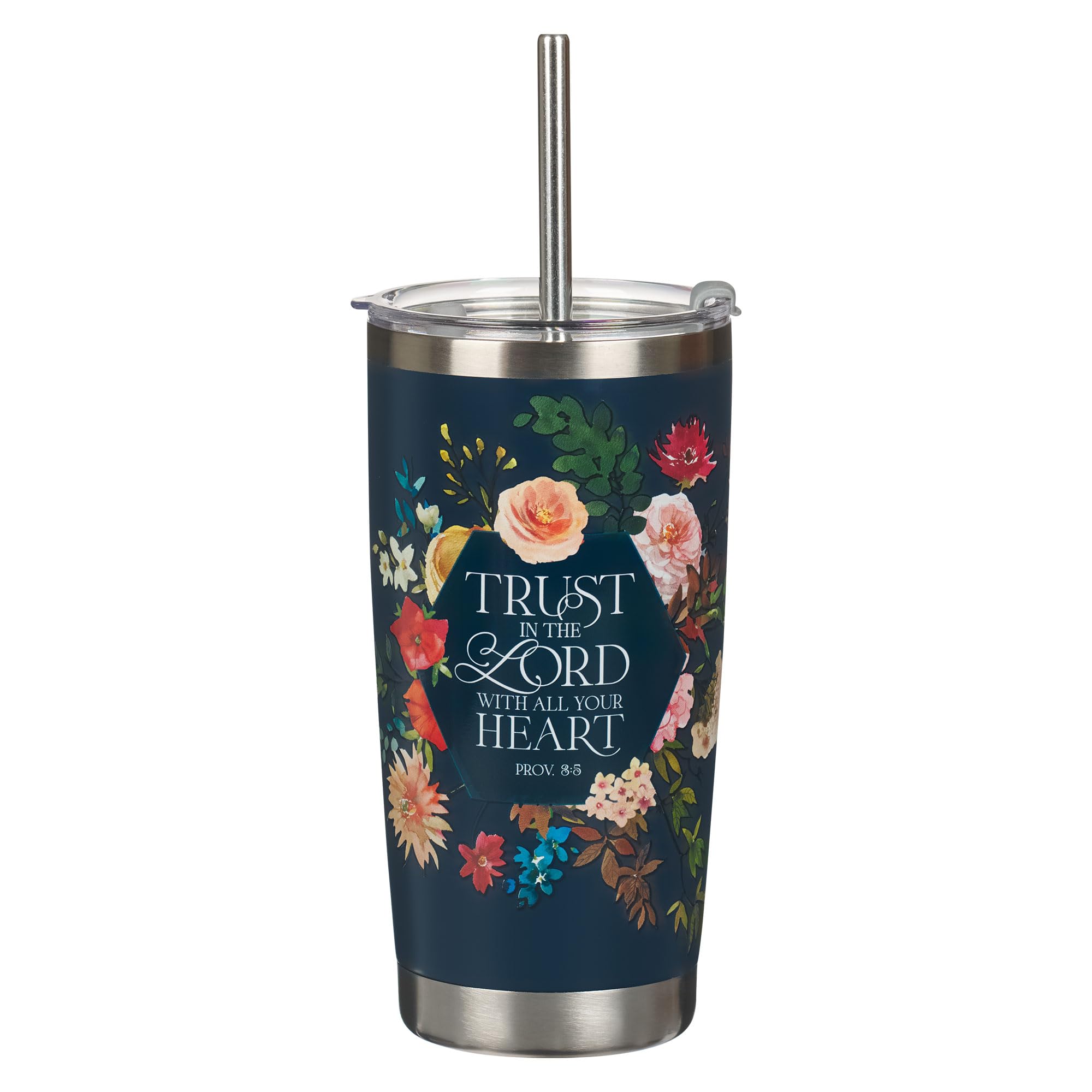 Christian Art Gifts Reusable Stainless Travel Mug Tumbler w/Straw for Women: Trust in the Lord Bible Verse, Double Wall Vacuum Insulated, Pop-up Lid, Hot/Cold, Cute Navy Blue Multicolor Floral, 18 oz.