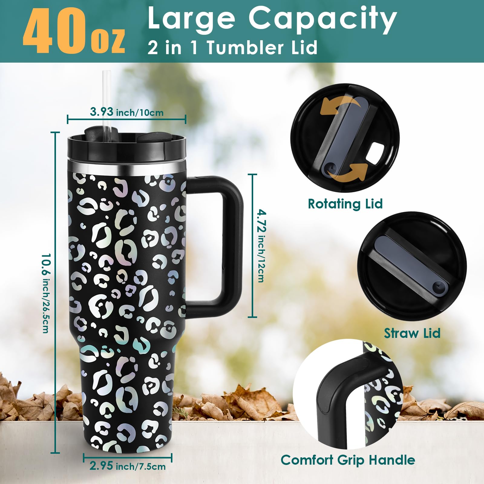 PIMDIR 40oz Leopard Tumbler with Handle Straw Lid, Stainless Steel Vacuum Insulated Reusable Travel Mug Keep Drinks Cold Ice Gym Cup, Gifts for Women Lovers, Car Holder Friendly, Black