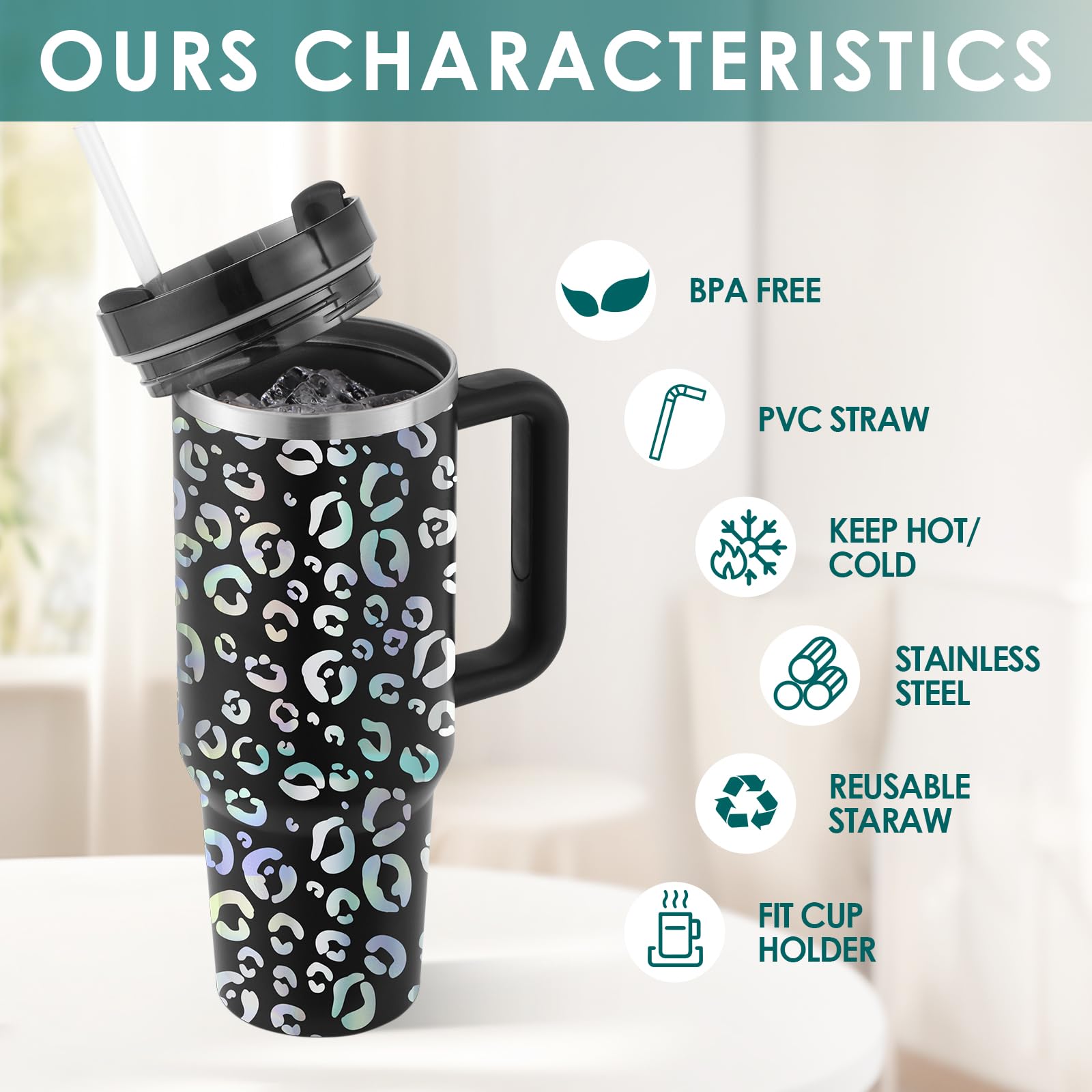 PIMDIR 40oz Leopard Tumbler with Handle Straw Lid, Stainless Steel Vacuum Insulated Reusable Travel Mug Keep Drinks Cold Ice Gym Cup, Gifts for Women Lovers, Car Holder Friendly, Black