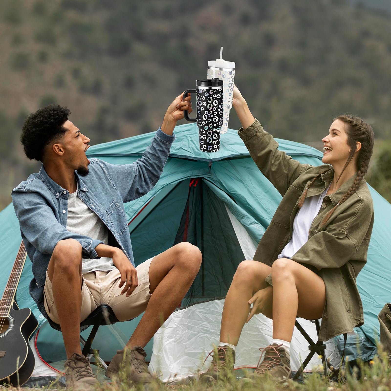 PIMDIR 40oz Leopard Tumbler with Handle Straw Lid, Stainless Steel Vacuum Insulated Reusable Travel Mug Keep Drinks Cold Ice Gym Cup, Gifts for Women Lovers, Car Holder Friendly, Black