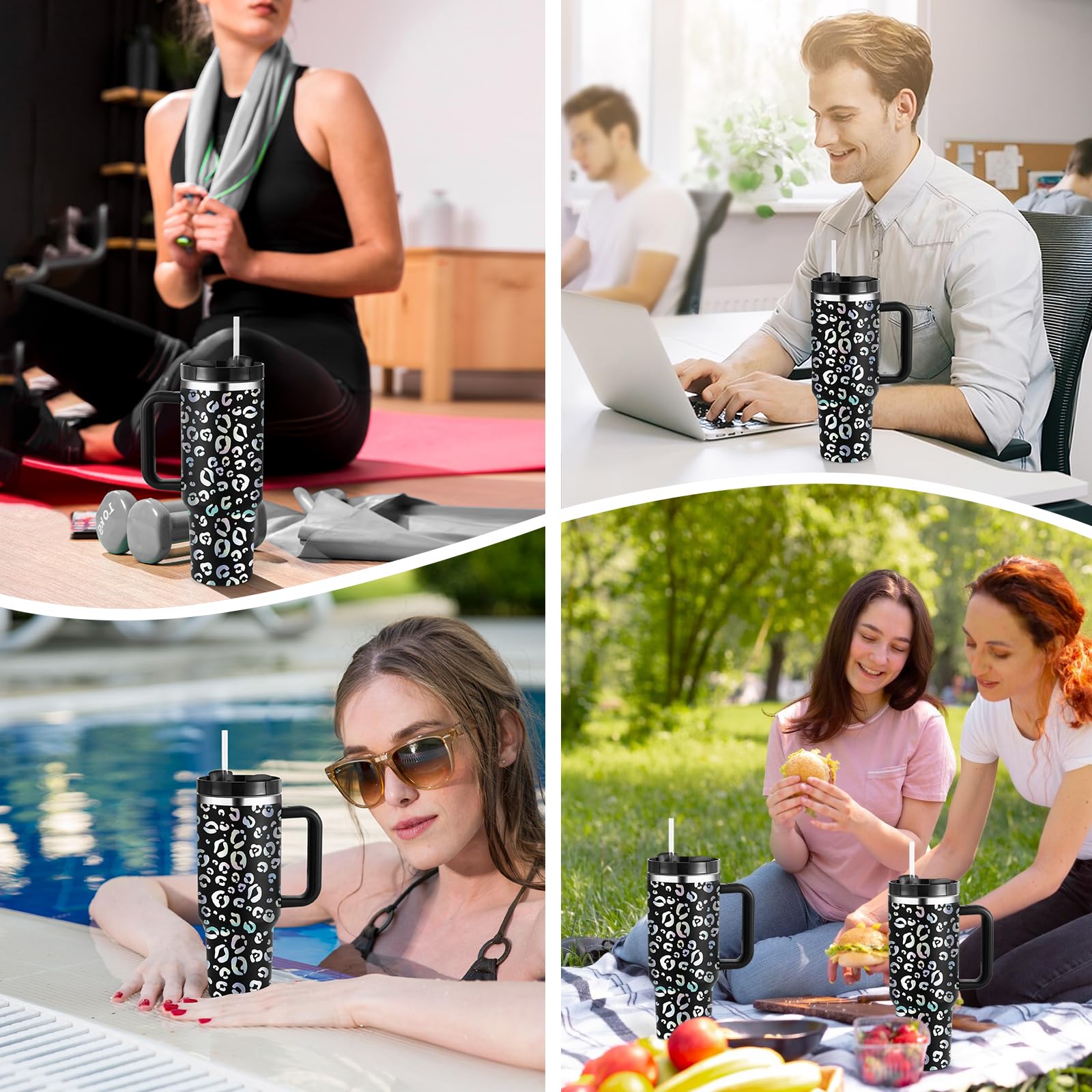 PIMDIR 40oz Leopard Tumbler with Handle Straw Lid, Stainless Steel Vacuum Insulated Reusable Travel Mug Keep Drinks Cold Ice Gym Cup, Gifts for Women Lovers, Car Holder Friendly, Black