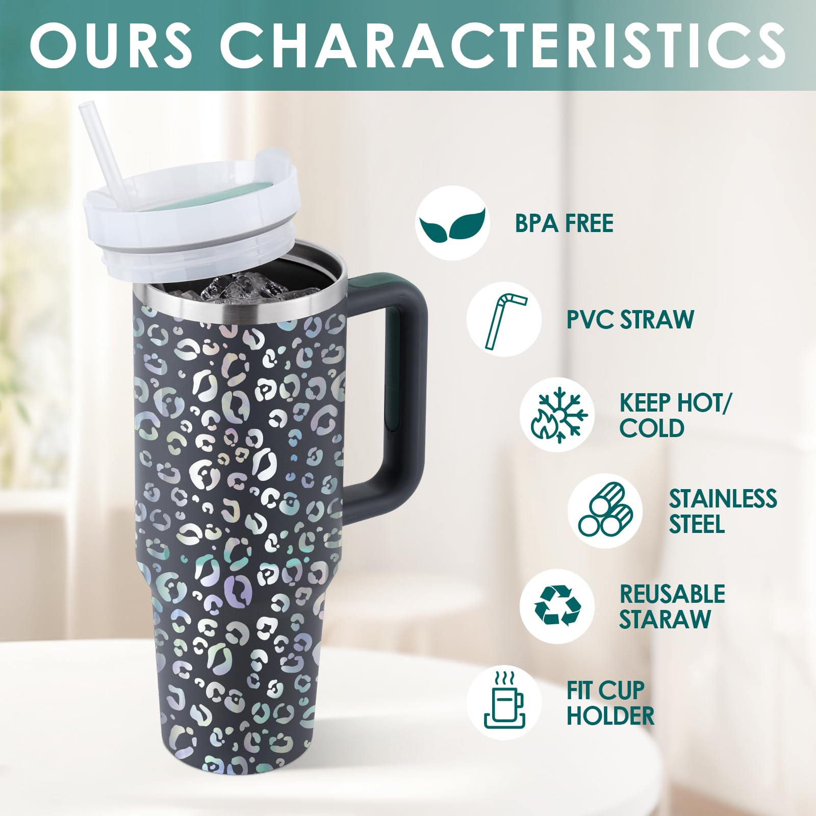 PIMDIR 40oz Leopard Tumbler with Handle Straw Lid, Stainless Steel Vacuum Insulated Reusable Travel Mug Keep Drinks Cold Ice Gym Cup, Gifts for Women Lovers, Car Holder Friendly, Gray