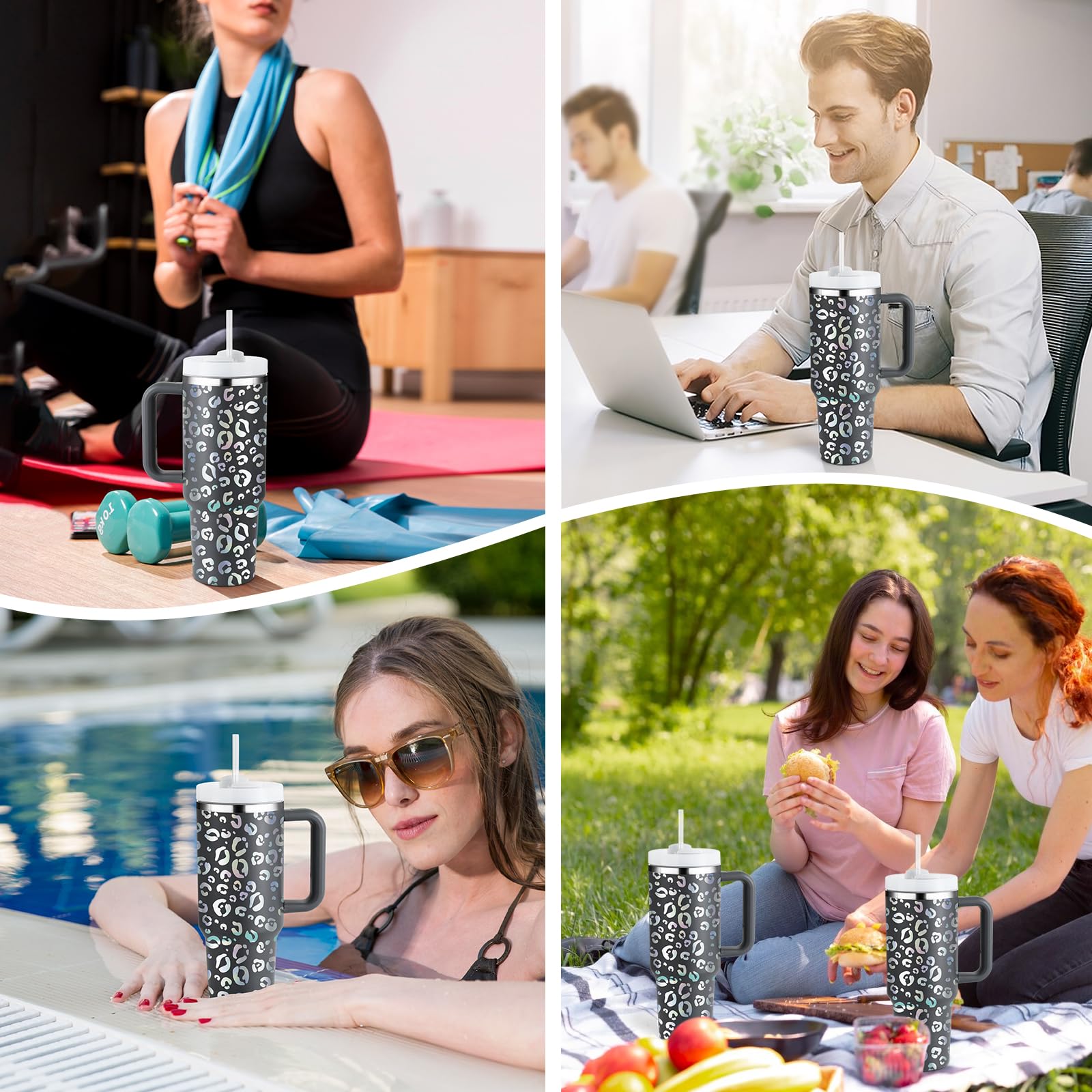 PIMDIR 40oz Leopard Tumbler with Handle Straw Lid, Stainless Steel Vacuum Insulated Reusable Travel Mug Keep Drinks Cold Ice Gym Cup, Gifts for Women Lovers, Car Holder Friendly, Gray