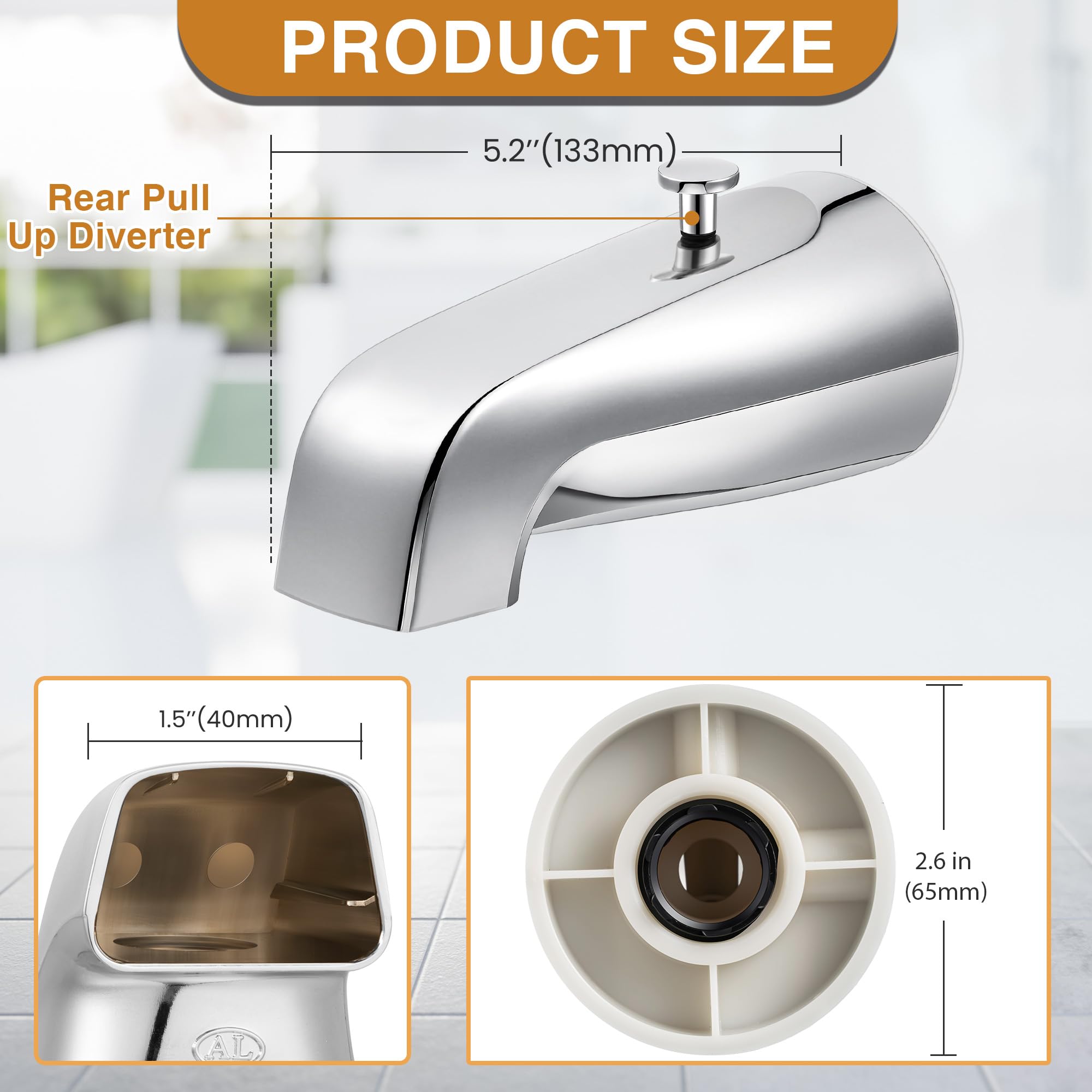 Enhon Tub Spout with Rear Diverter, Bathtub Spout Fitting 1/2-Inch or 3/4-Inch IPS, 5-1/4 Inch Length Bathroom Bathtub Faucet with Adapter, Chrome Finish