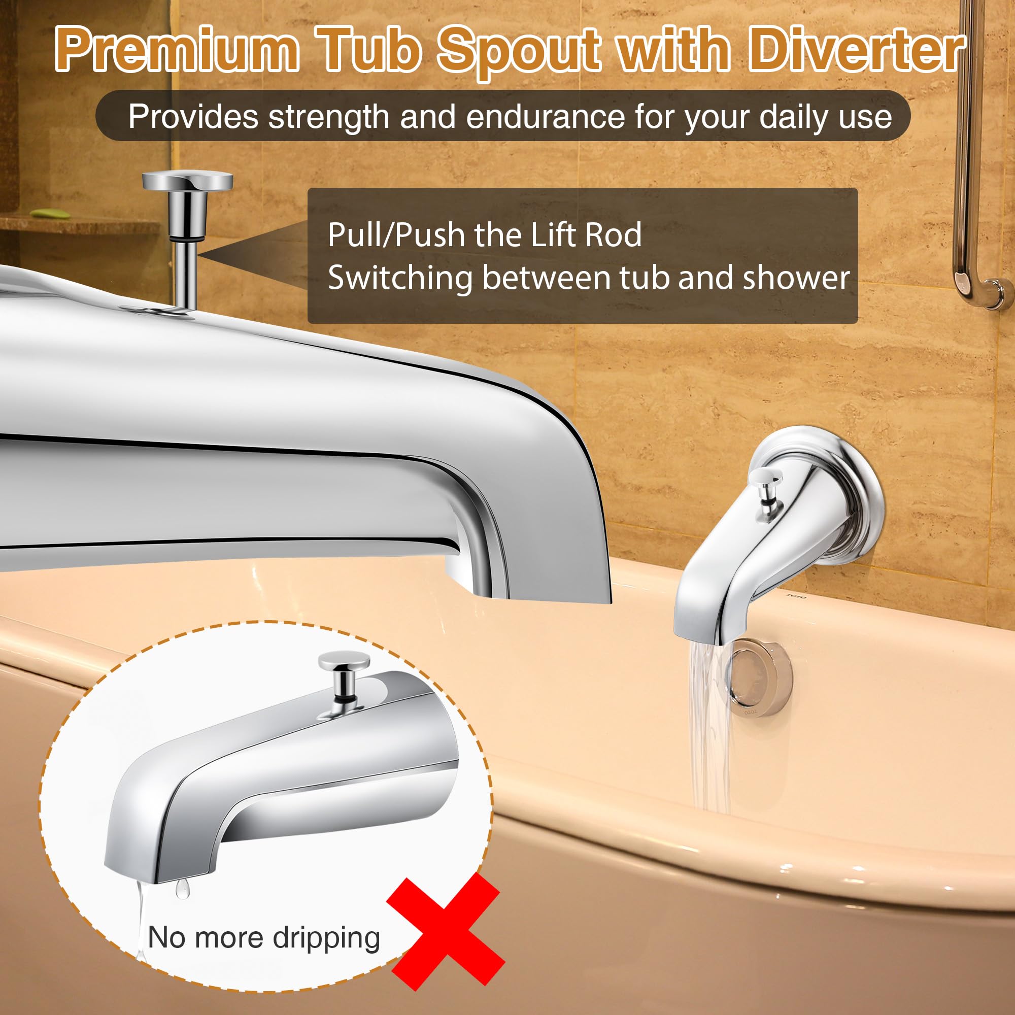 Enhon Tub Spout with Rear Diverter, Bathtub Spout Fitting 1/2-Inch or 3/4-Inch IPS, 5-1/4 Inch Length Bathroom Bathtub Faucet with Adapter, Chrome Finish