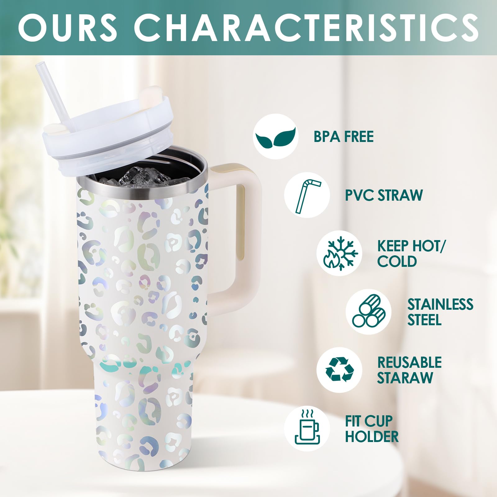 PIMDIR 40oz Leopard Tumbler with Handle Straw Lid, Stainless Steel Vacuum Insulated Reusable Travel Mug Keep Drinks Cold Ice Gym Cup, Gifts for Women Lovers, Car Holder Friendly, White