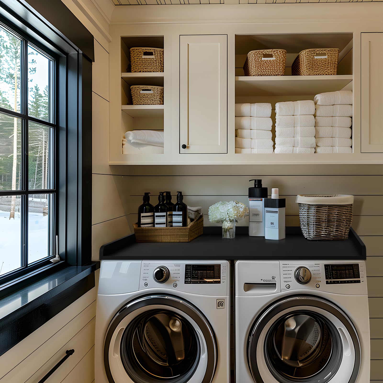 Kaboon Washer Dryer Countertop Only, Melamine Countertop with Edge Rails - 27.5" Depth x 54" Width Laundry Room Organization, Black