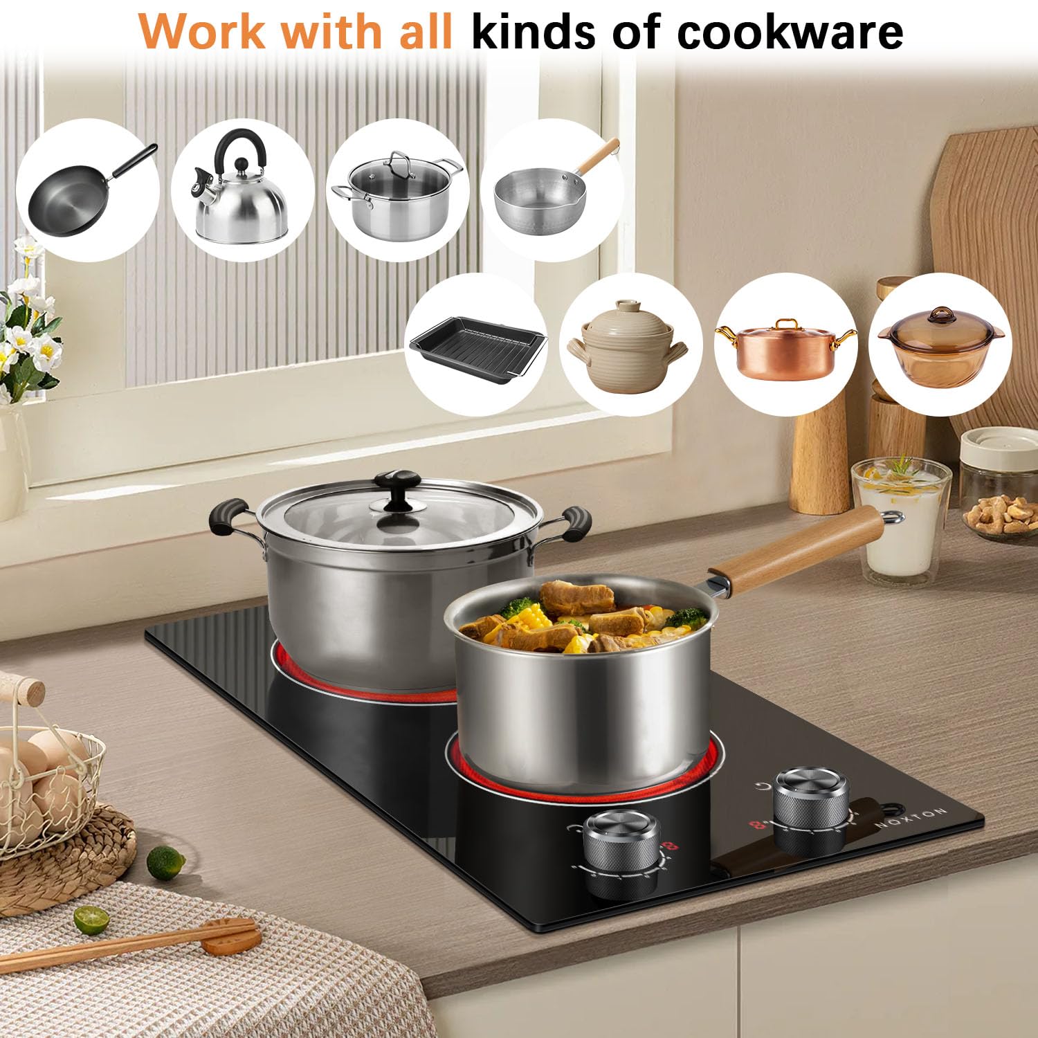Noxton 110v Electric Cooktop 2 Burners, Plug in Electric Stove 12 Inch, Built-in or Above the Counter Use, 9 Power Level, Knob Control Ceramic Stovetop, Great for the Elderly