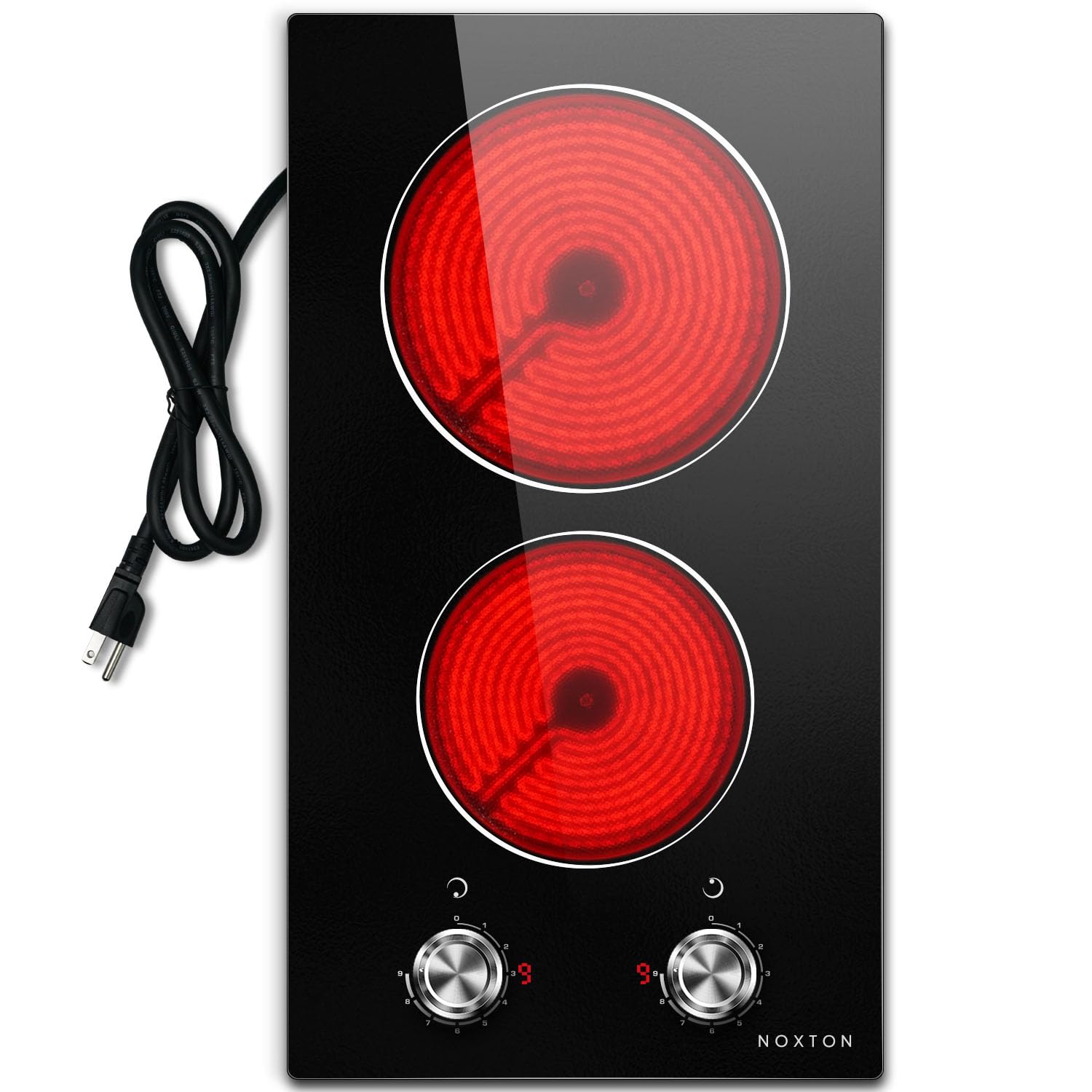 Noxton 110v Electric Cooktop 2 Burners, Plug in Electric Stove 12 Inch, Built-in or Above the Counter Use, 9 Power Level, Knob Control Ceramic Stovetop, Great for the Elderly