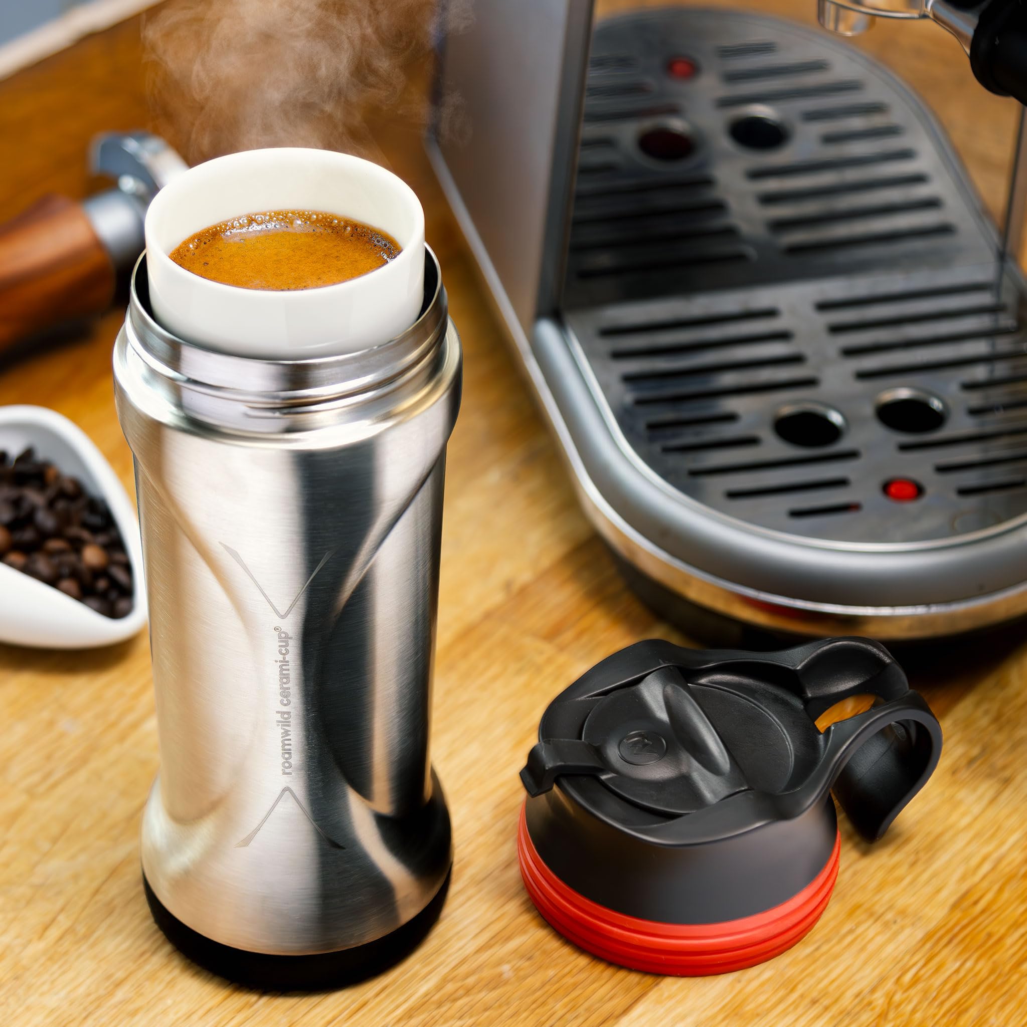 Roamwild Cerami Cup 12oz / 354ml – With Unique Ceramic Fresh Tasting Inner Tumbler - Quadruple Thermal Insulation Technology Stainless Steel Travel Mug, BPA-Free, Dishwasher Safe (Stainless & Red)