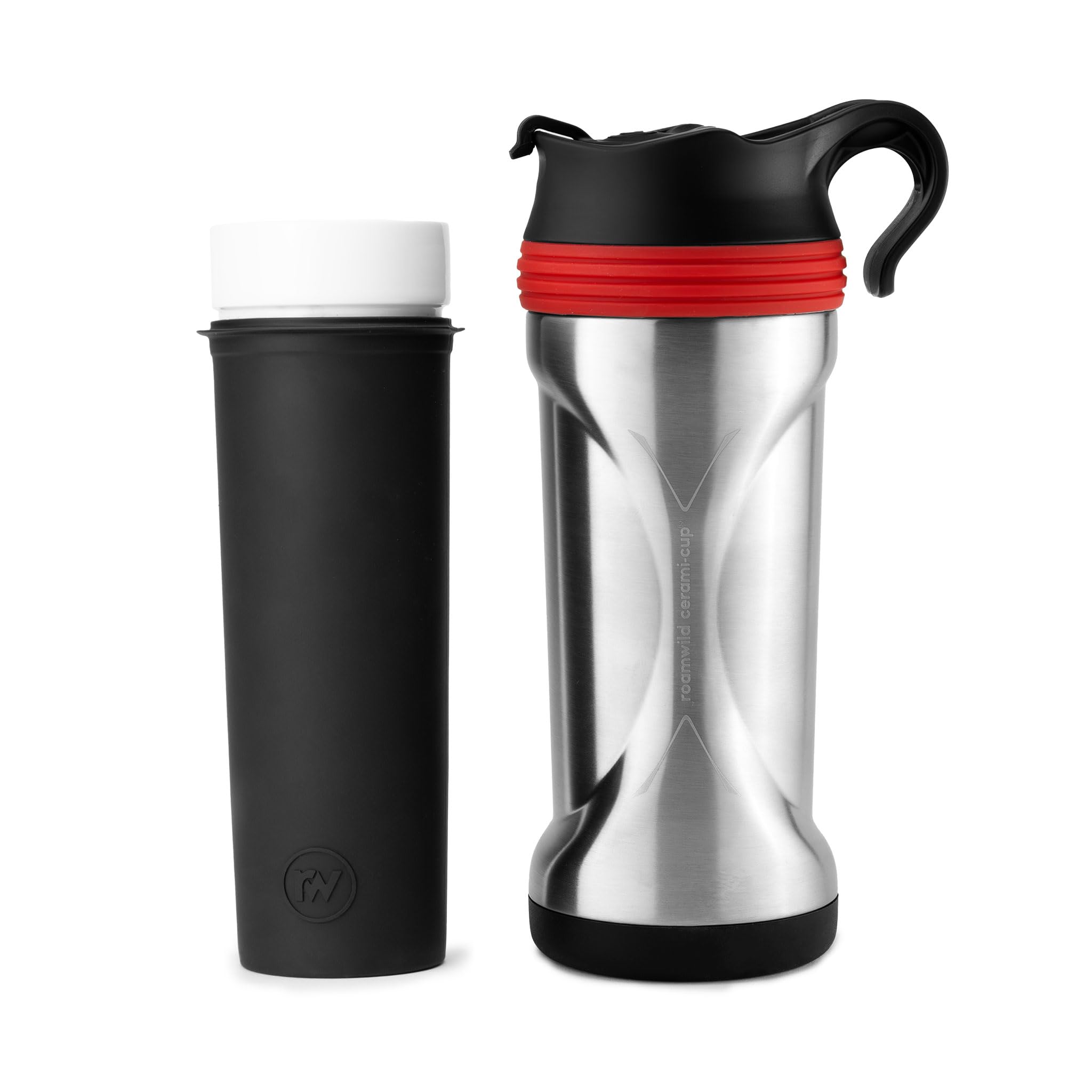 Roamwild Cerami Cup 12oz / 354ml – With Unique Ceramic Fresh Tasting Inner Tumbler - Quadruple Thermal Insulation Technology Stainless Steel Travel Mug, BPA-Free, Dishwasher Safe (Stainless & Red)