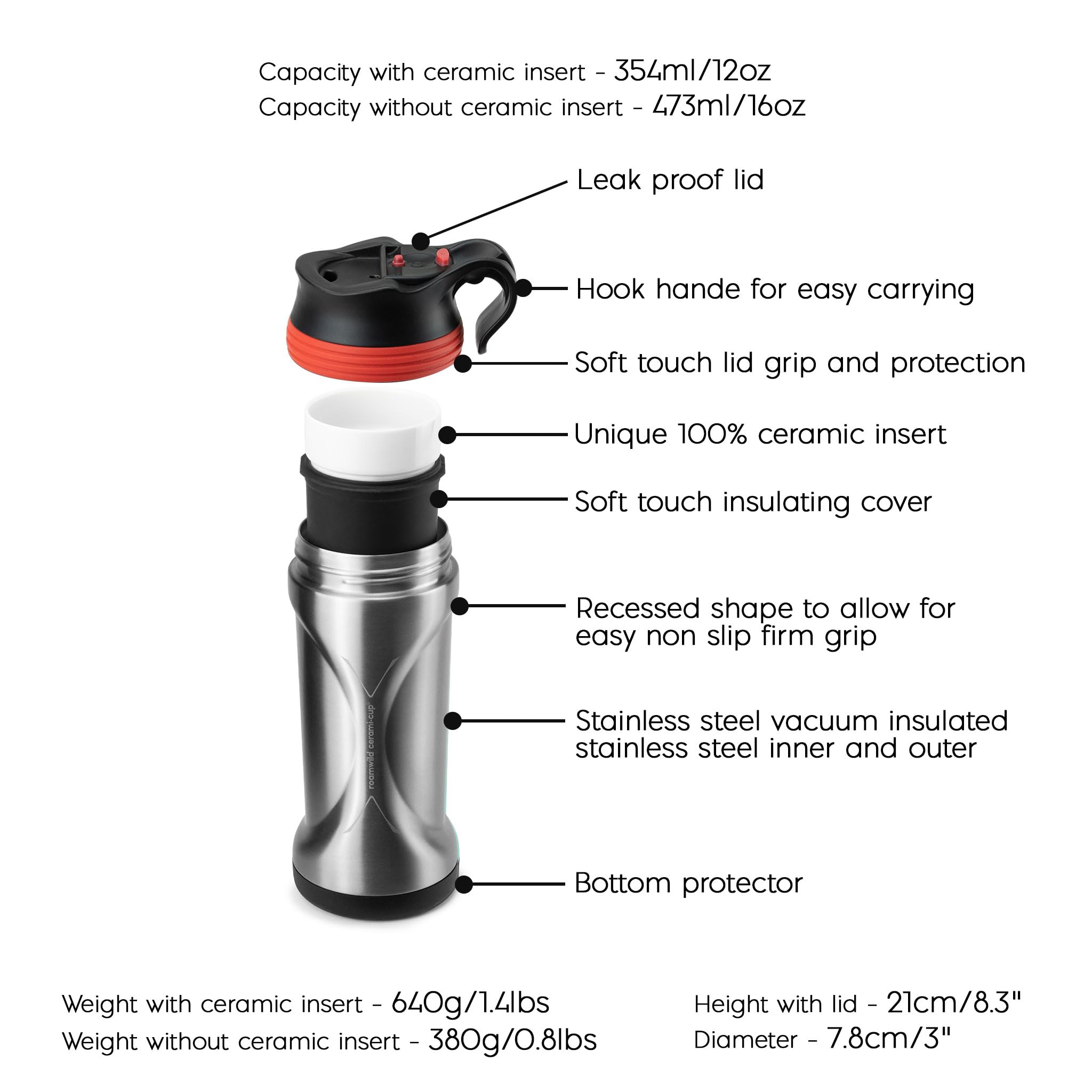 Roamwild Cerami Cup 12oz / 354ml – With Unique Ceramic Fresh Tasting Inner Tumbler - Quadruple Thermal Insulation Technology Stainless Steel Travel Mug, BPA-Free, Dishwasher Safe (Stainless & Red)