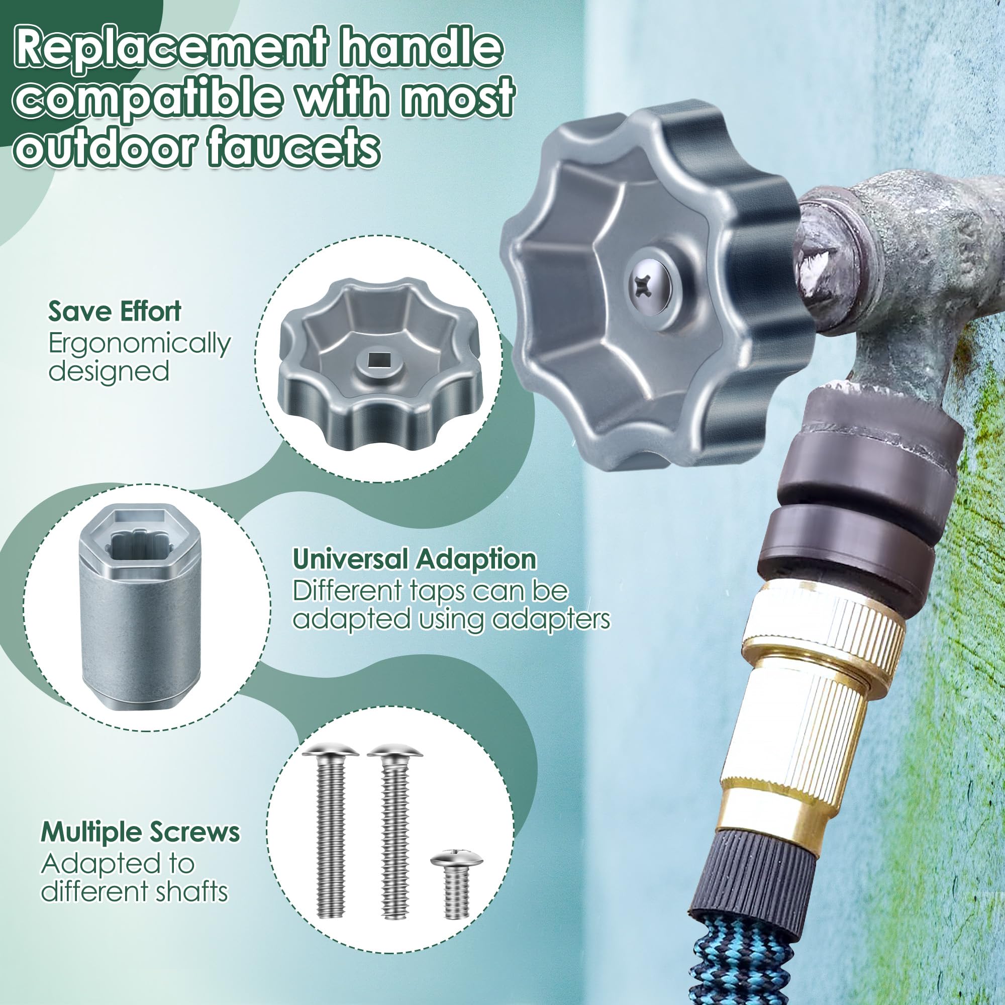 2 Pack Outdoor Faucet Handle, Water Spigot Handle Compatible with Danco 10006, Hose Bib Handle with Adapter and Screws for 8&12 Point Round Broach, 0.26", 0.28", 0.31"&0.38" Square Broach, Silver