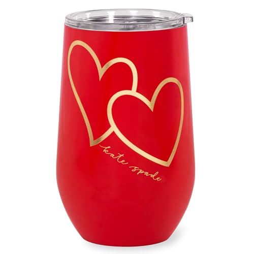 kate spade new york Insulated Stainless Steel Wine Tumbler, 16 Ounce Double Wall Tumbler, Stemless Travel Cup with Lid (Brushstroke Hearts)