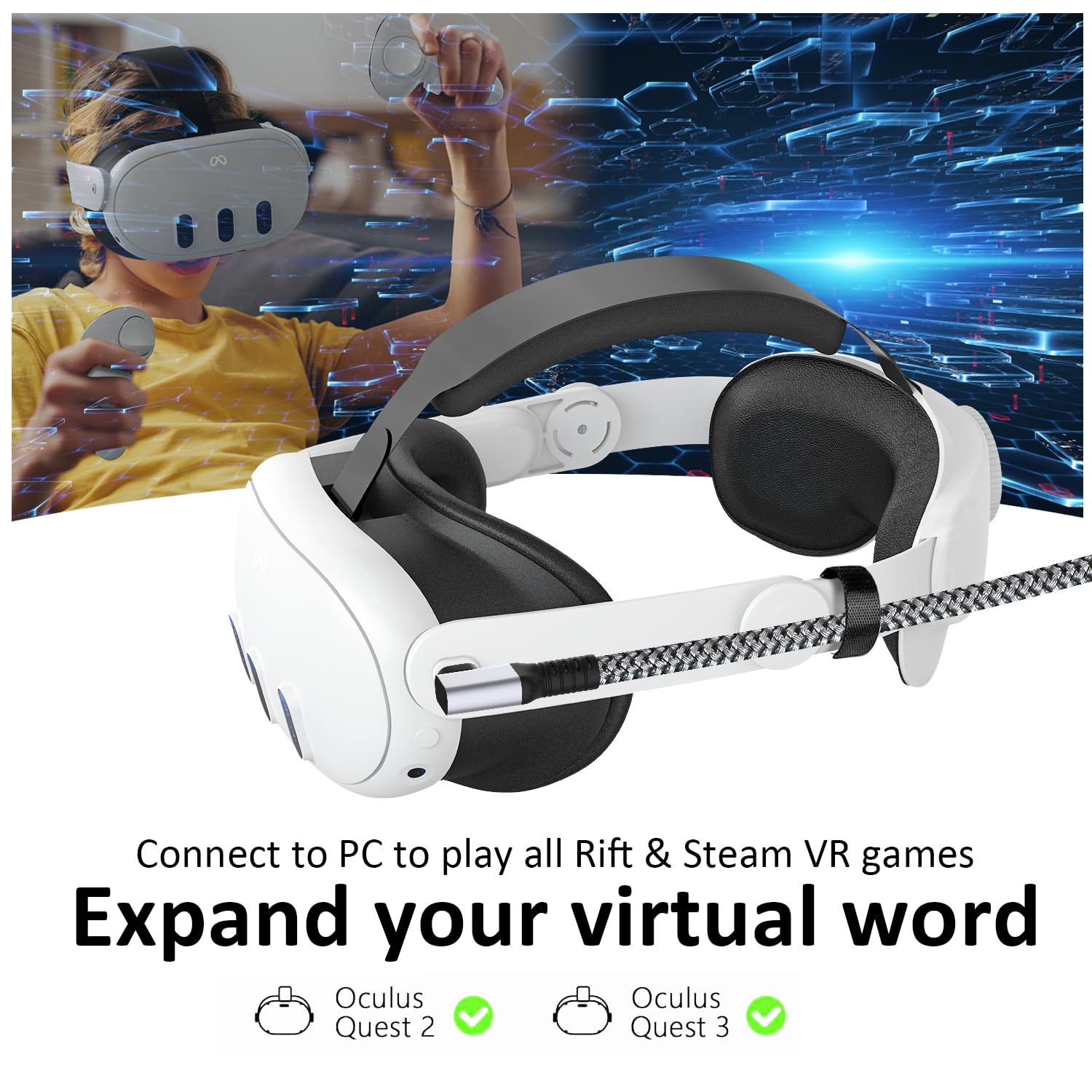 Link Cable 16FT VR Cable Compatible with Meta Oculus Quest 2/Quest 3S/Quest 3/Pro Pico, Nylon Braided Accessories and Gaming PC Steam VR, USB 3.0 Data Transfer Type C Cable, for VR Headset