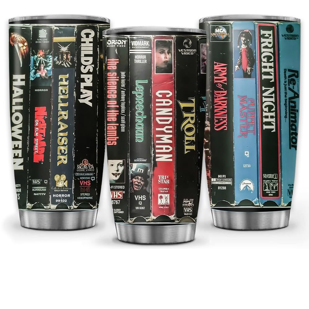 Campfami Nostalgic Retro Style VHS Case Horror Movies Tumbler - Classic Film Halloween Cup, 20oz 30oz Travel Coffee Mug - Gifts for Adults Men Women