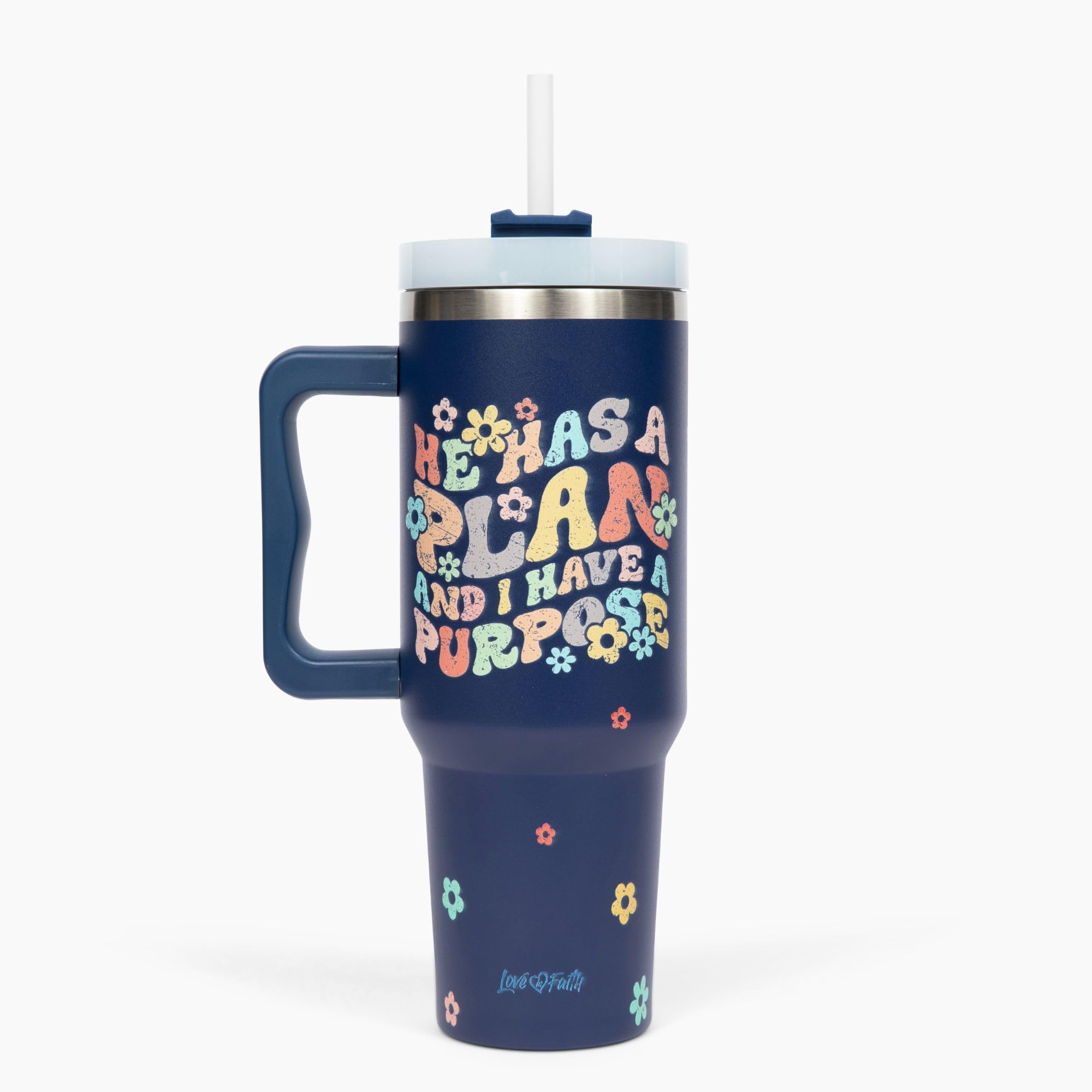 Love in Faith | Stainless Steel Faith-Based 40oz Tumbler with Handle | Vacuum Insulated | Christian Gifts (He Has a Plan Floral)