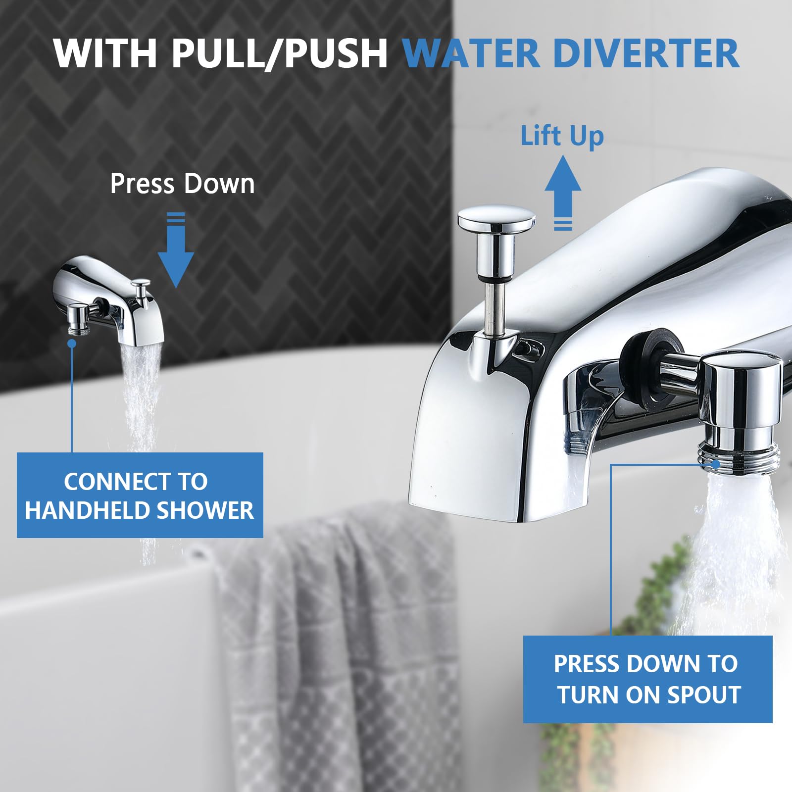 Sperwoesy All Metal Tub Spout with Diverter Chrome, Fits 1/2β or 3/4" Threaded Pipes, Bathtub Faucet with Shower Diverter for Convenient Water Control