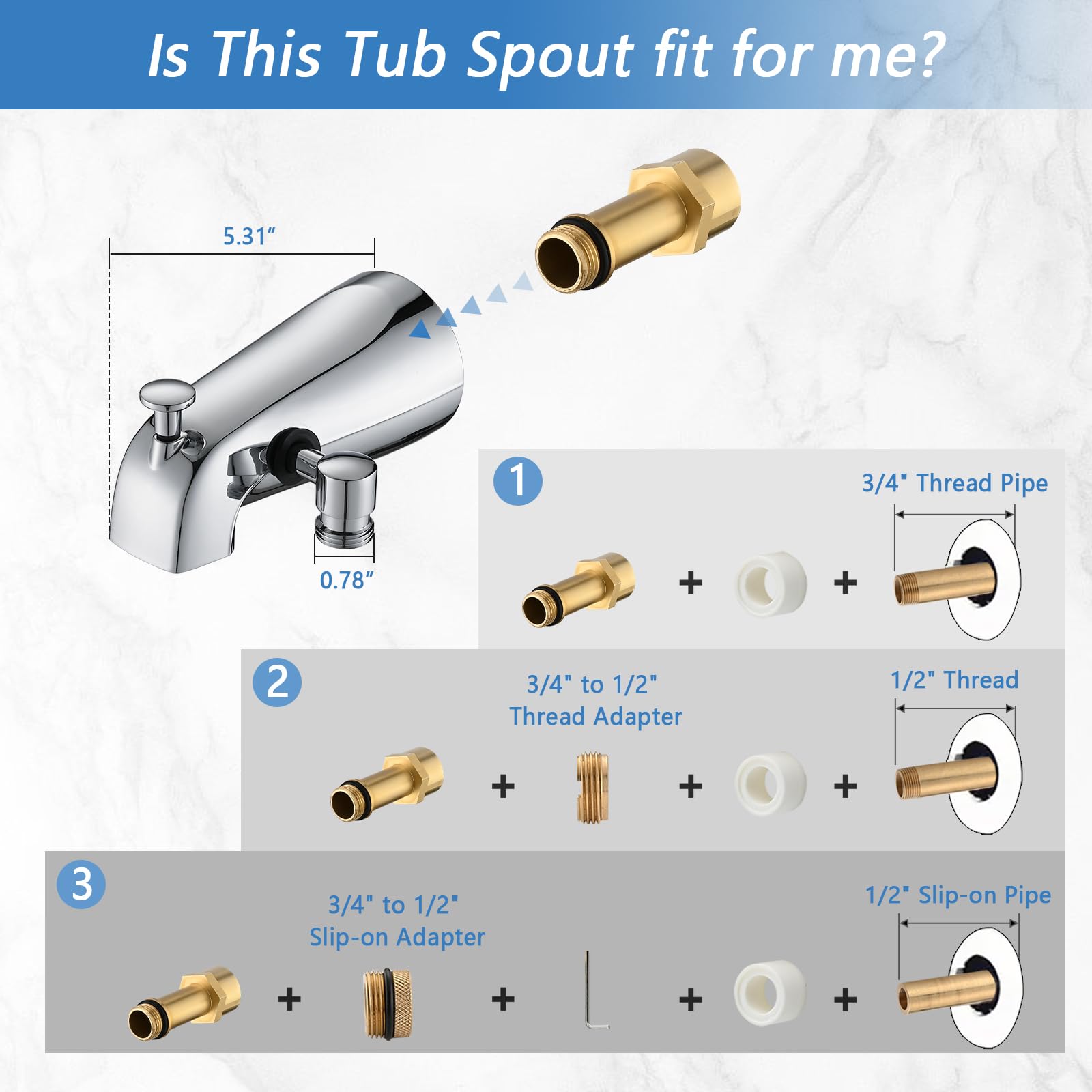 Sperwoesy All Metal Tub Spout with Diverter Chrome, Fits 1/2β or 3/4" Threaded Pipes, Bathtub Faucet with Shower Diverter for Convenient Water Control