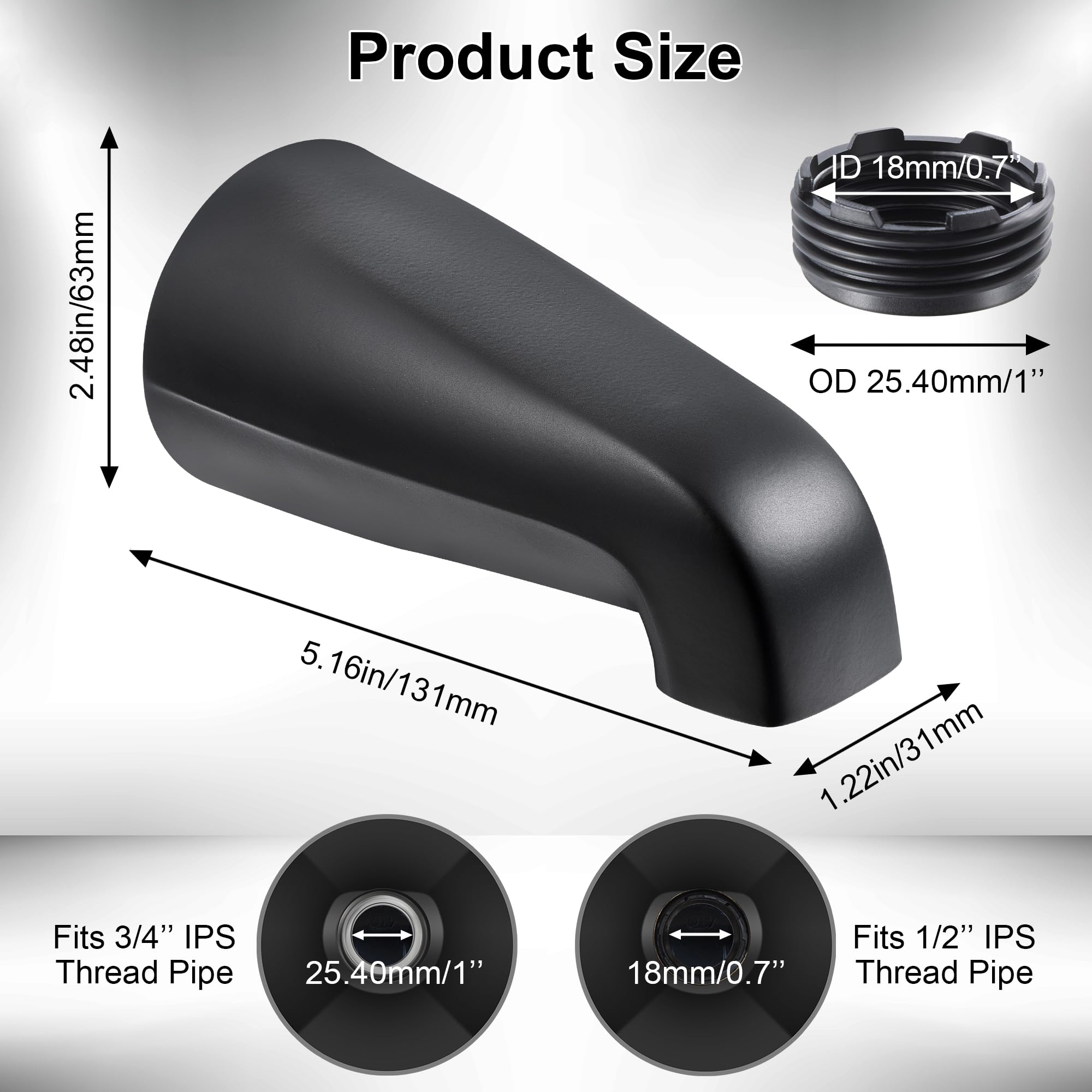 Dreyoo Universal Bath Tub Spout with Adapter Bathroom Bathtub Faucet Spout Without Diverter, Fits for 1/2'', 3/4'' IPS Inside Thread Connection and Tub/Shower Faucet Brands 5" Length(Matte Black)