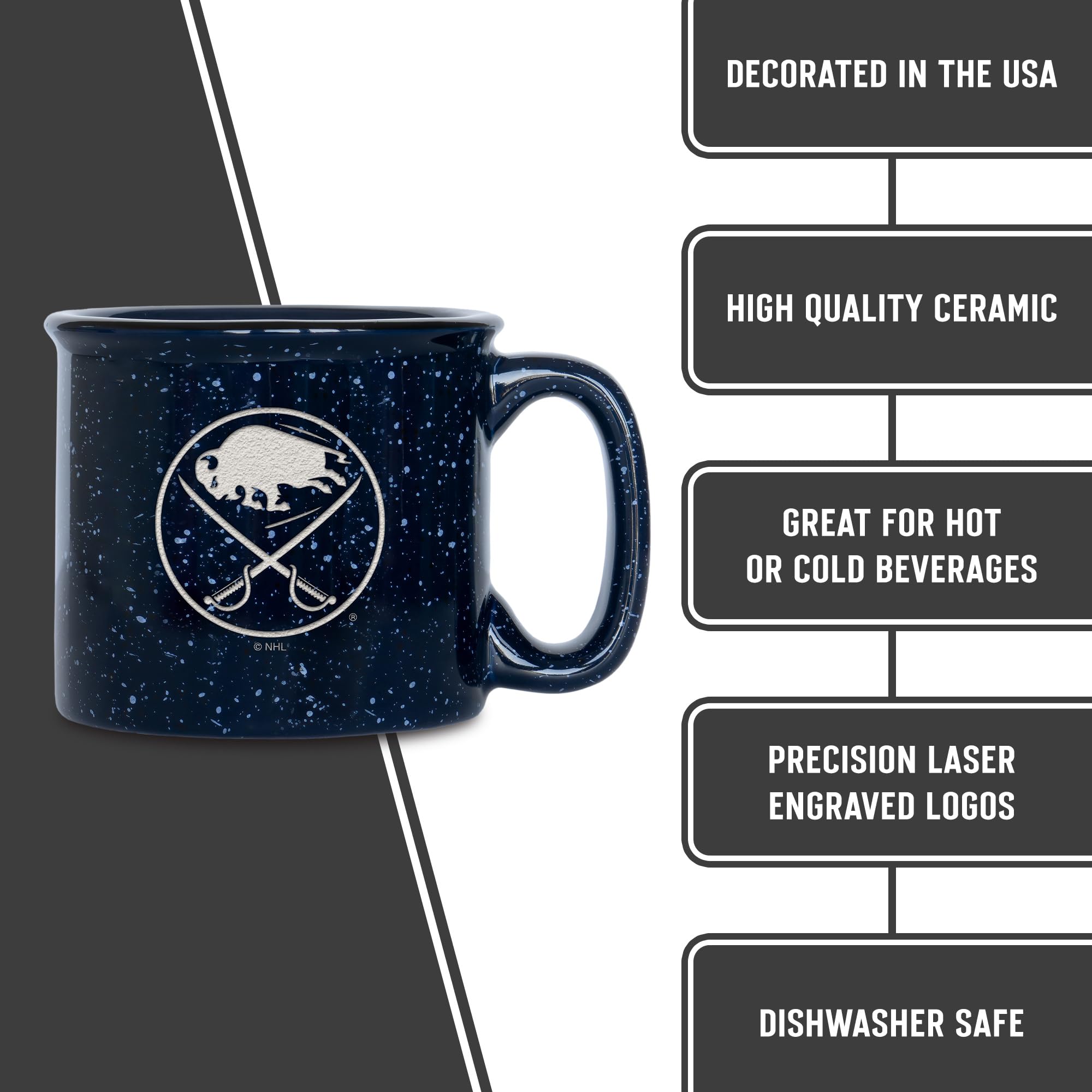 Rico Industries NHL Hockey Buffalo Sabres Navy Speckle 12oz Laser Engraved Campfire Mug