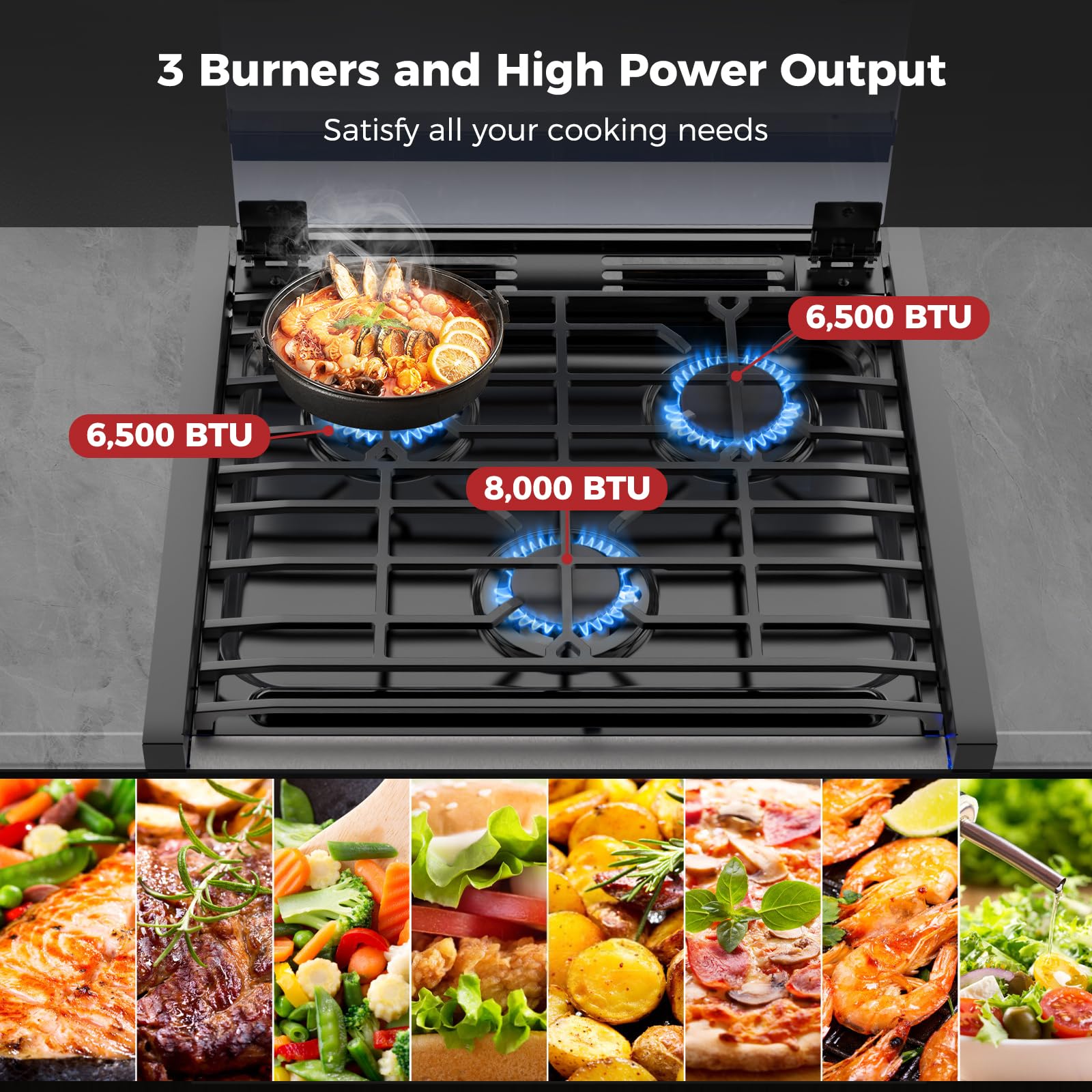 CAMPLUX Classic RV Propane Range 17 Inches, Propane Range Oven with 3 Burners Cooktop for RV, RV Propane Stove Oven Combo 28,100 BTU/Hr, Stainless Steel RGS17MSF