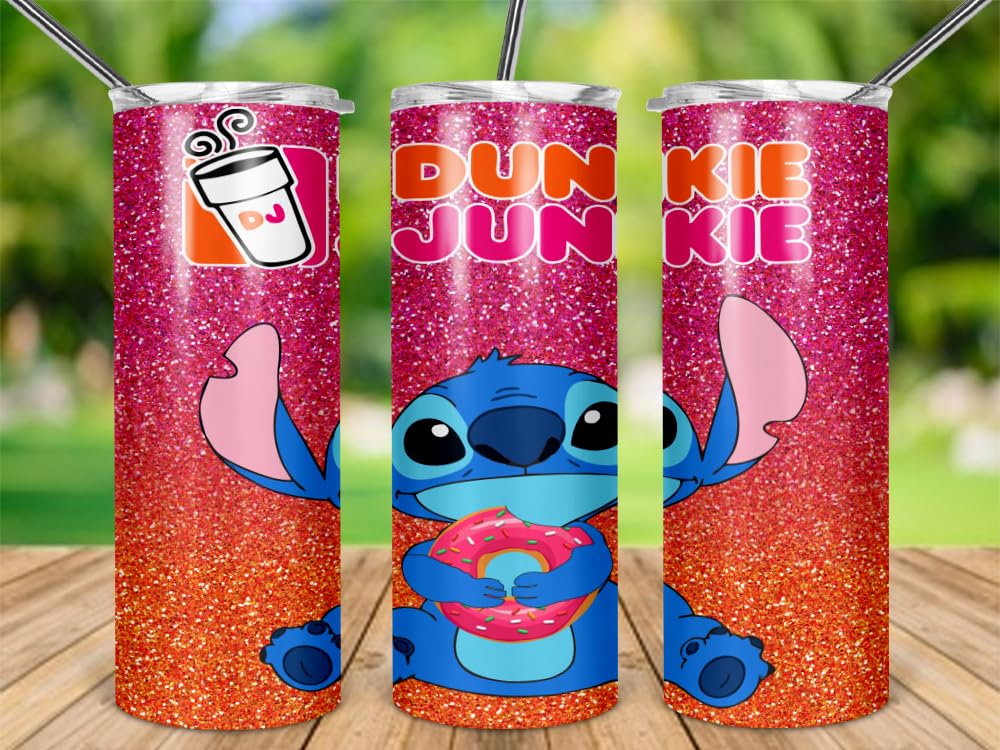 Dunkie Junkie #3 20oz Stainless Steel Tumbler, Slide Door Lid & Straw Included, Gift, Glitter Print, Coffee & Donut Lover, Great For Keeping Drink Cold or Hot