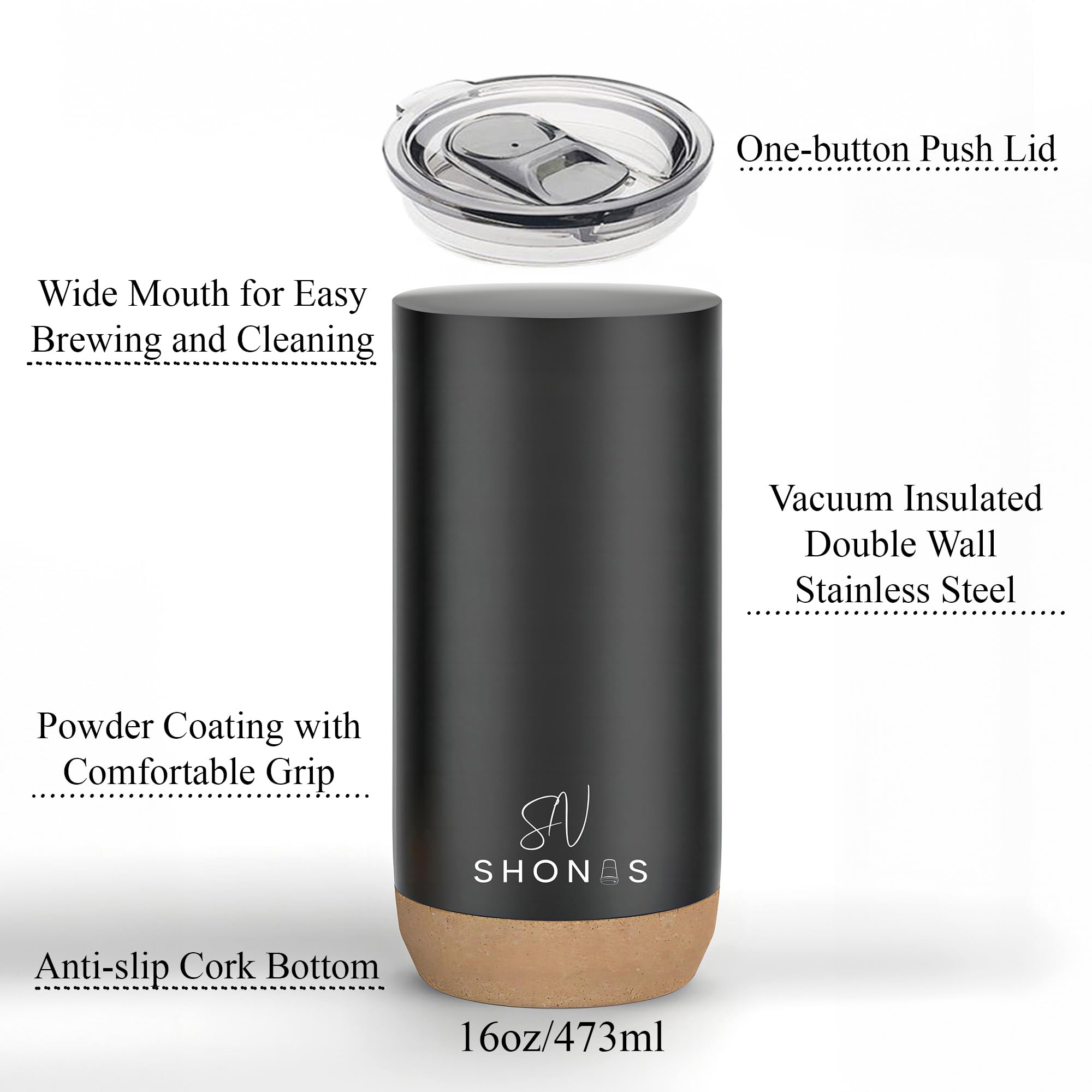 SHONAS 16oz Vacuum-Insulated Double Wall Stainless Steel Travel Thermal Mug: Hot/Cold for Hours, Non-slip Cork Bottom, Leak-Proof One-button Push Lid, BPA-Free, Black & White (Sleek Black)