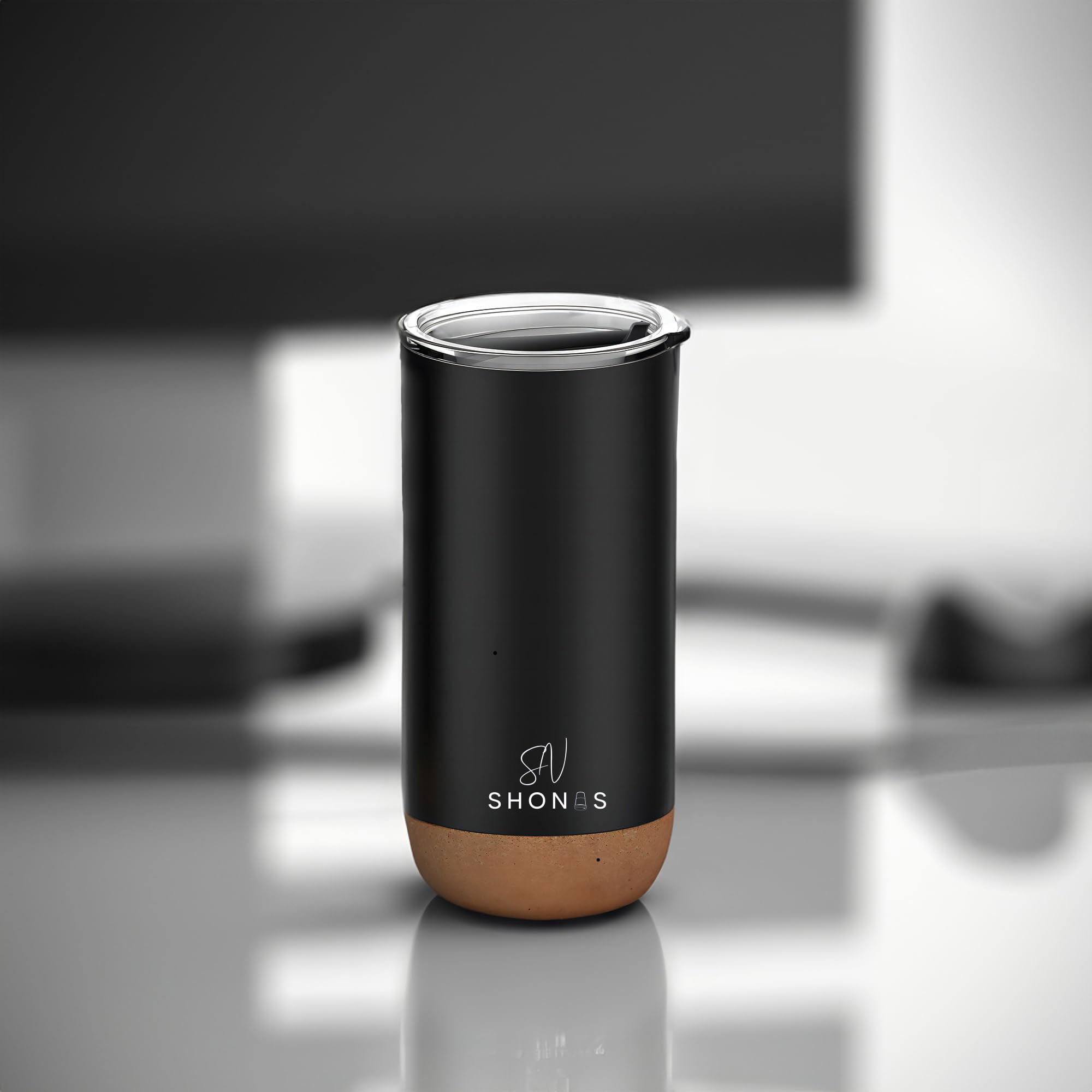 SHONAS 16oz Vacuum-Insulated Double Wall Stainless Steel Travel Thermal Mug: Hot/Cold for Hours, Non-slip Cork Bottom, Leak-Proof One-button Push Lid, BPA-Free, Black & White (Sleek Black)