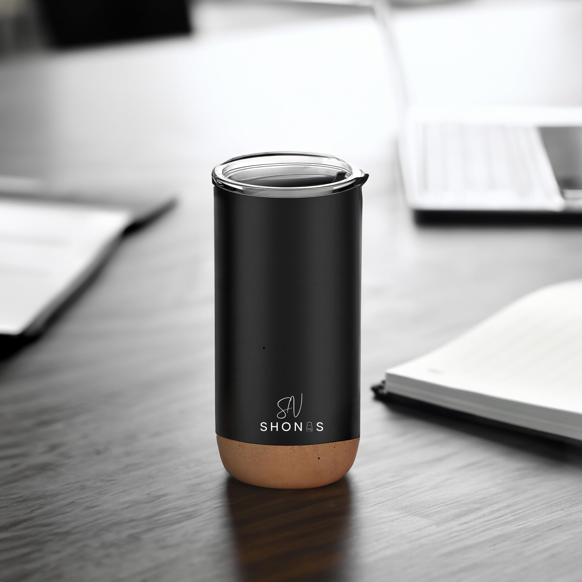 SHONAS 16oz Vacuum-Insulated Double Wall Stainless Steel Travel Thermal Mug: Hot/Cold for Hours, Non-slip Cork Bottom, Leak-Proof One-button Push Lid, BPA-Free, Black & White (Sleek Black)